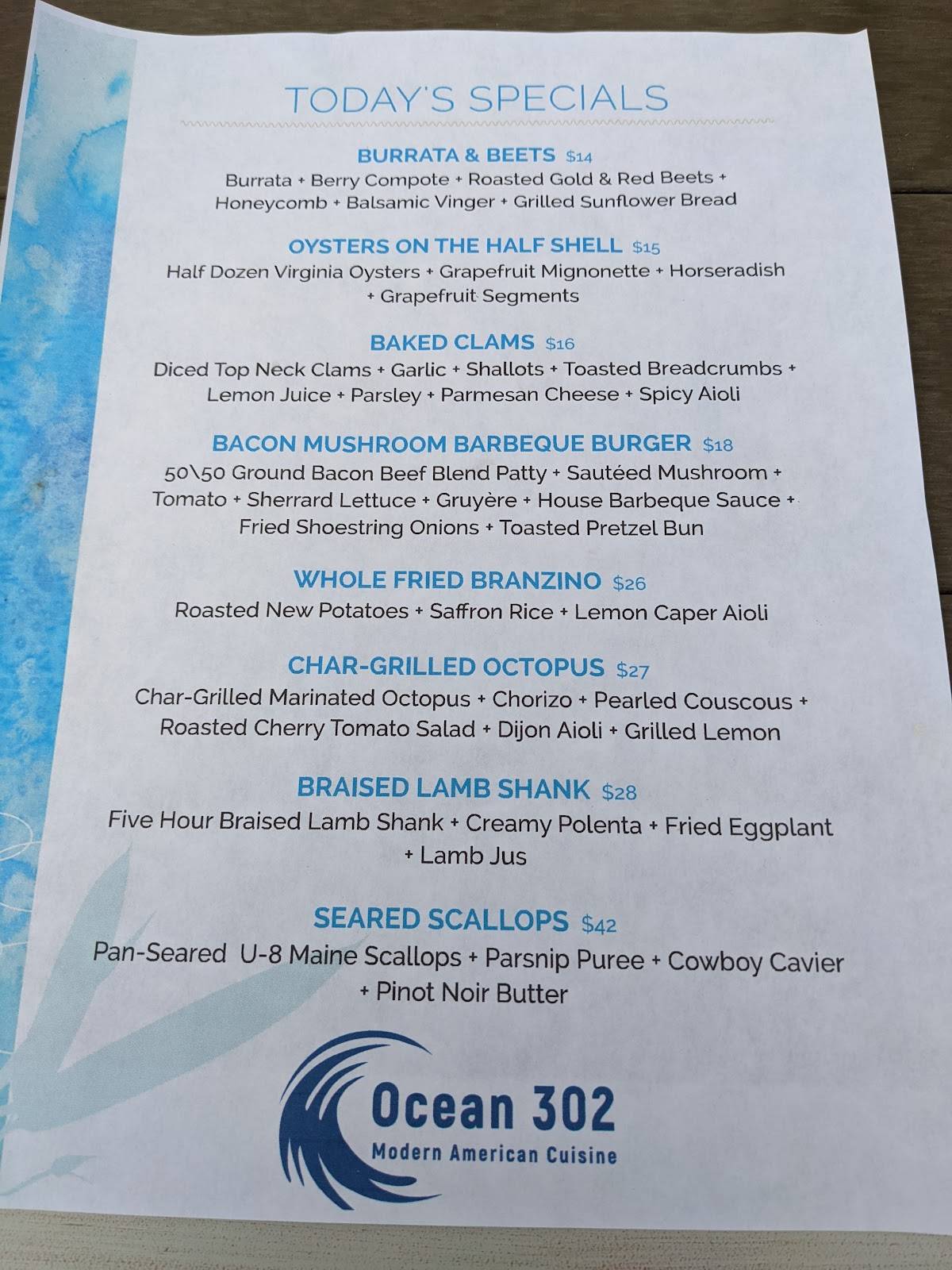 Menu at Ocean 302 steakhouse, Melbourne Beach