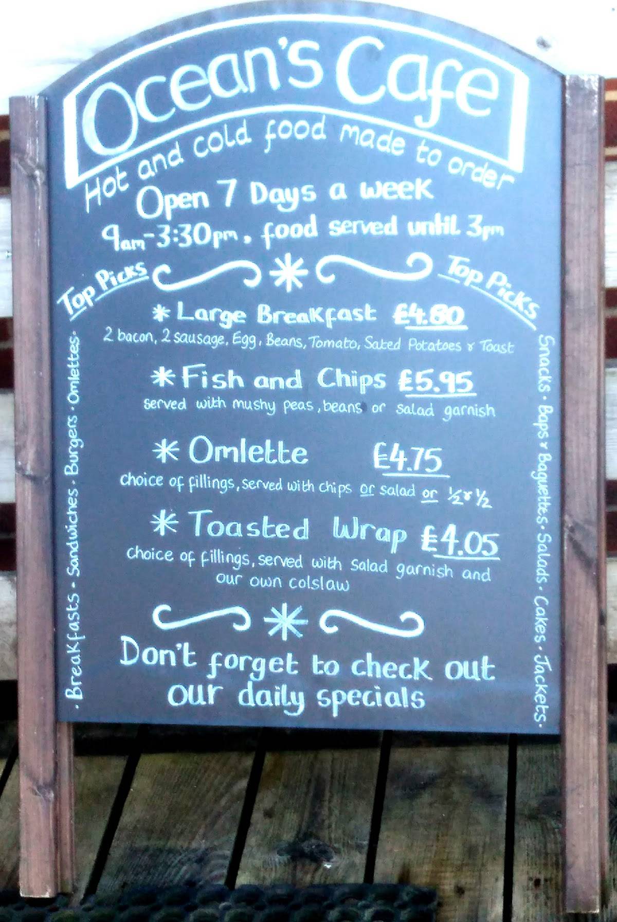 Menu at Ocean's Cafe, Portishead
