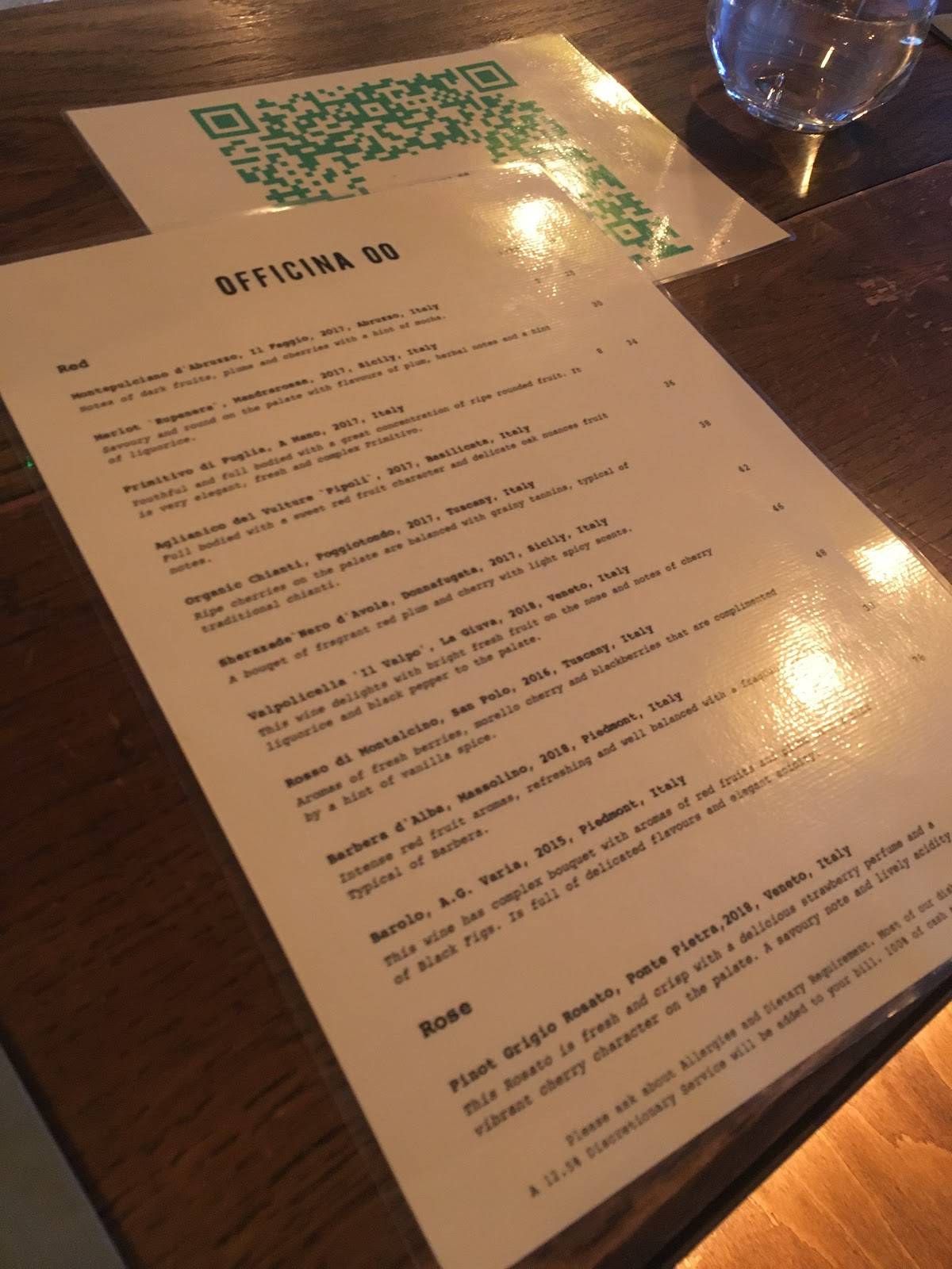 Menu at Officina 00 restaurant, London