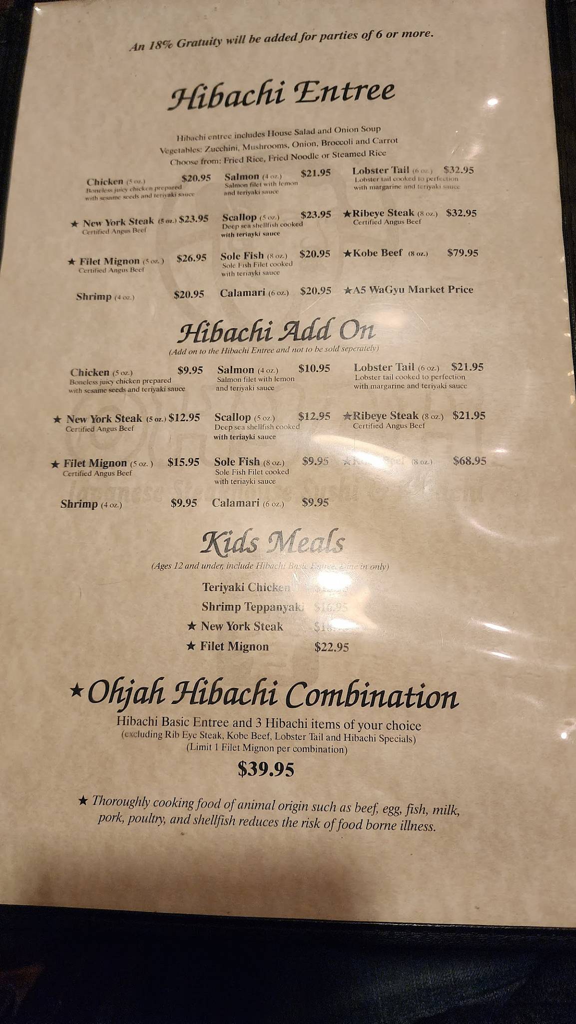 Menu at Ohjah Japanese Steakhouse, Henderson, 239 N Pecos Rd