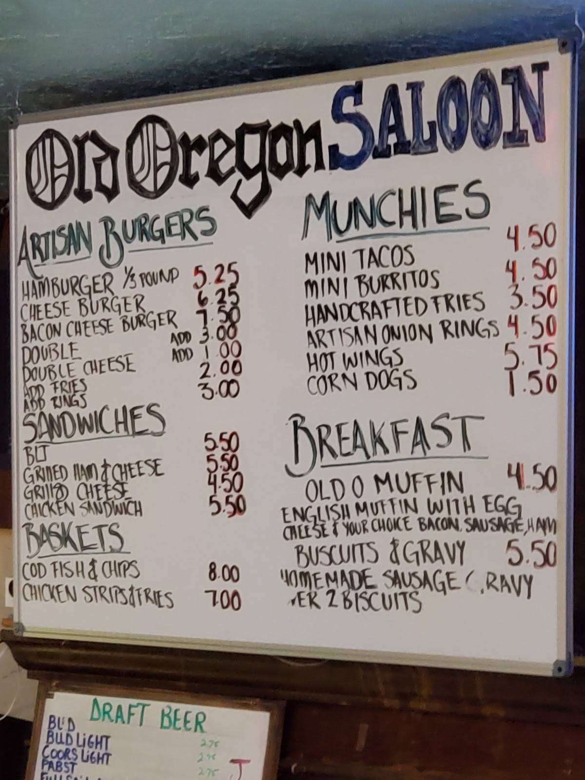 Menu at Old Oregon Saloon pub & bar, Lincoln City