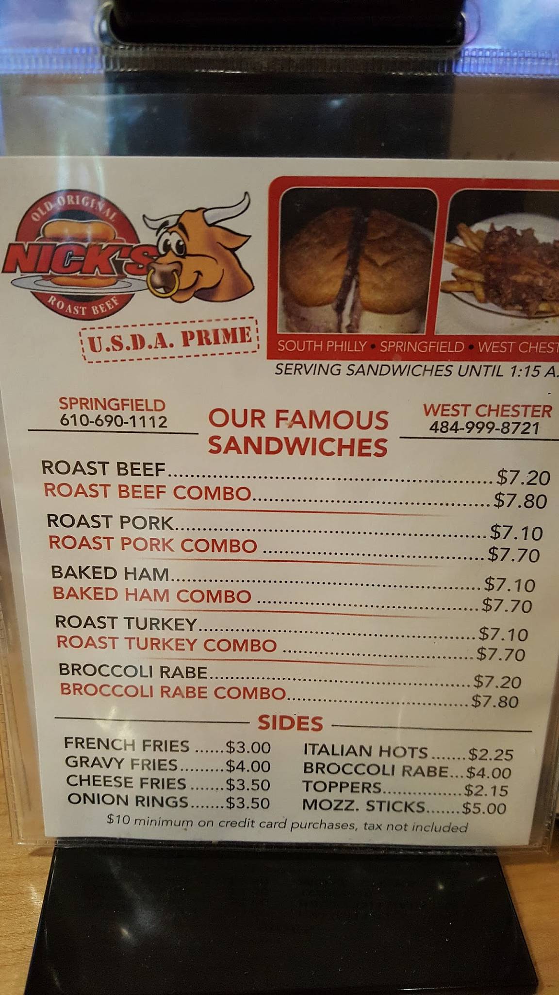 Menu at Old Original Nick's Roast Beef pub & bar, West Chester