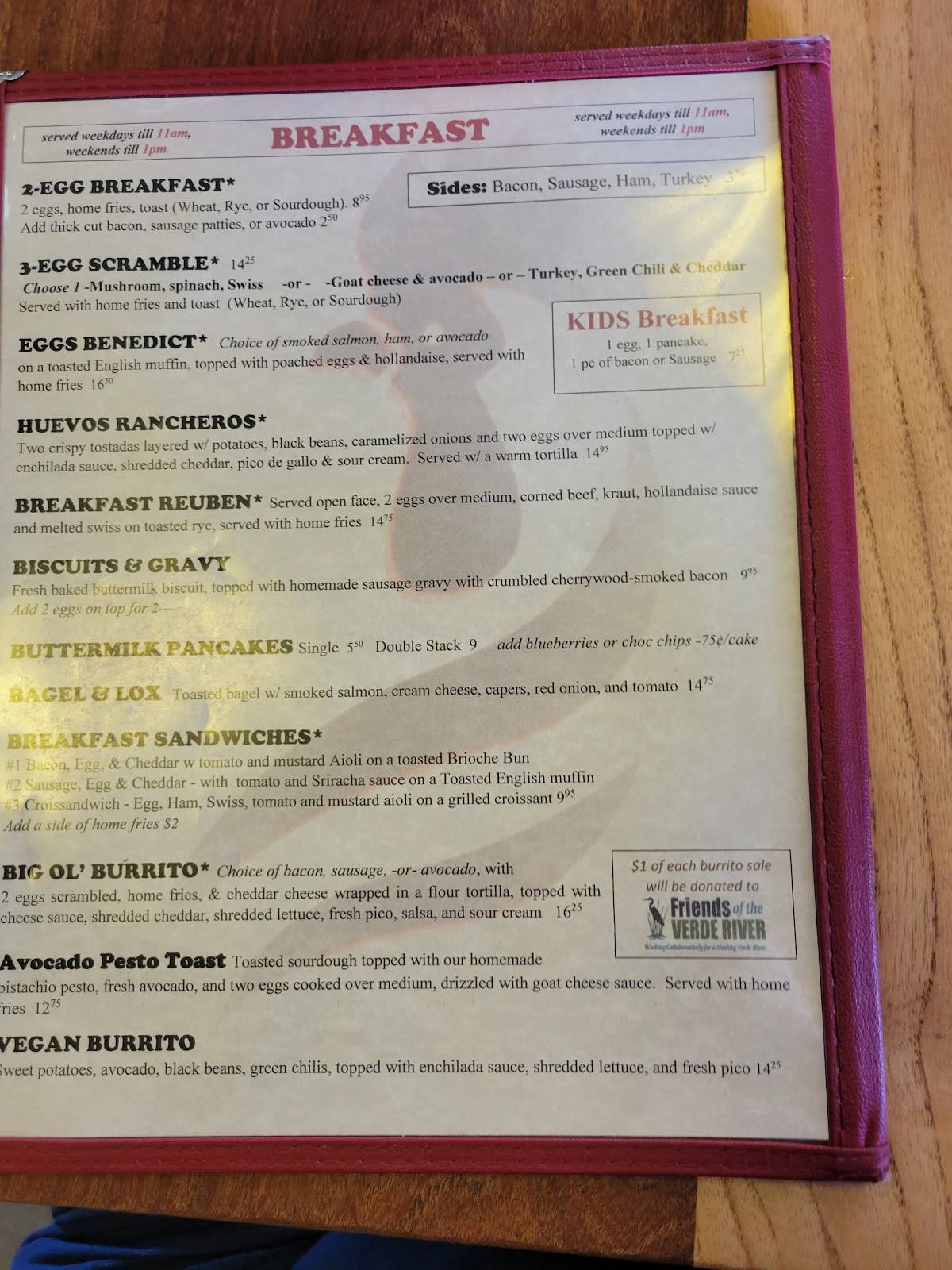 Menu at Old Town Red Rooster Cafe, Cottonwood