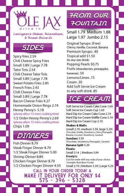 Menu at Ole Jax restaurant, Lovington