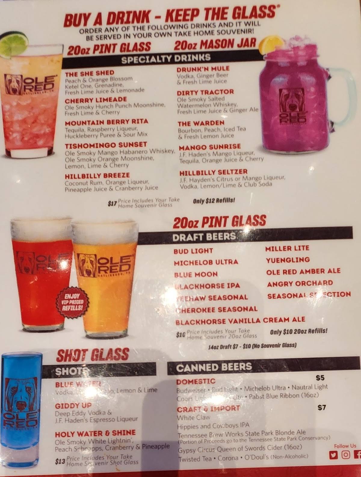 Menu at Ole Red pub & bar, Gatlinburg