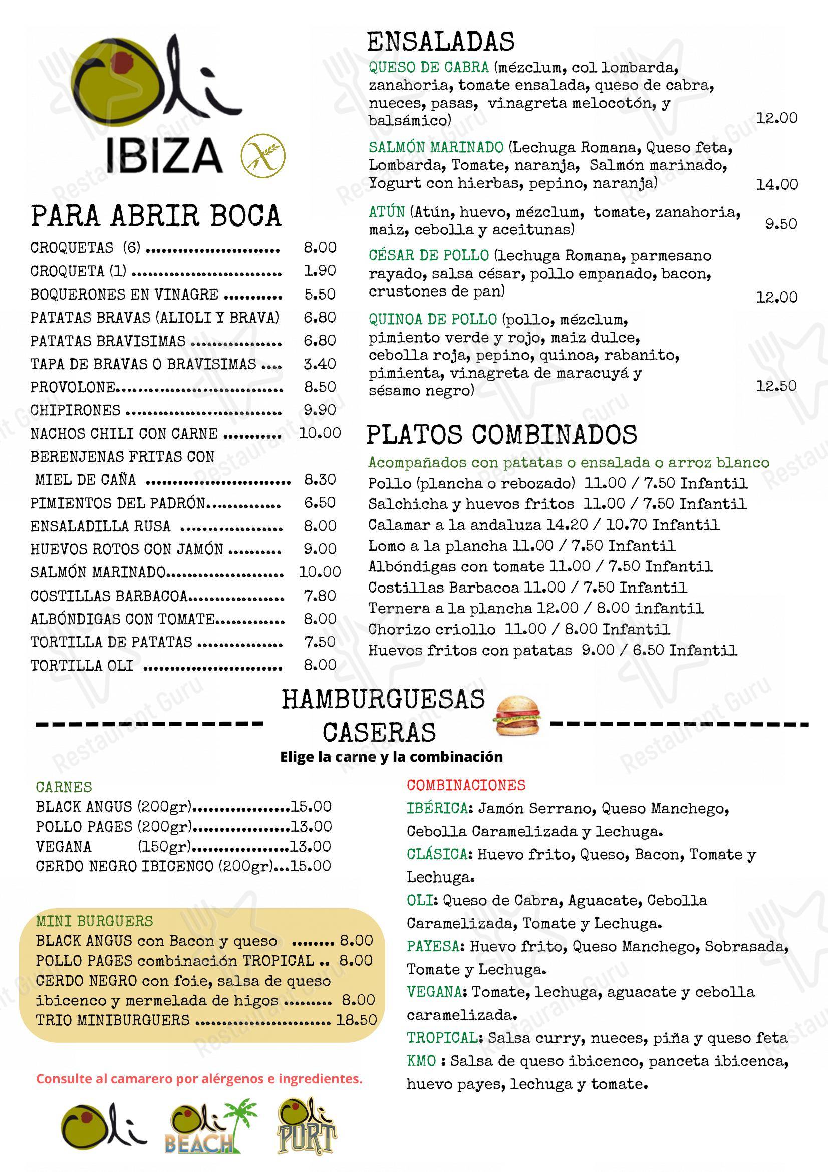 Carta de Oli Beach Restaurant, Ibiza, Passeig ses Pitiüses