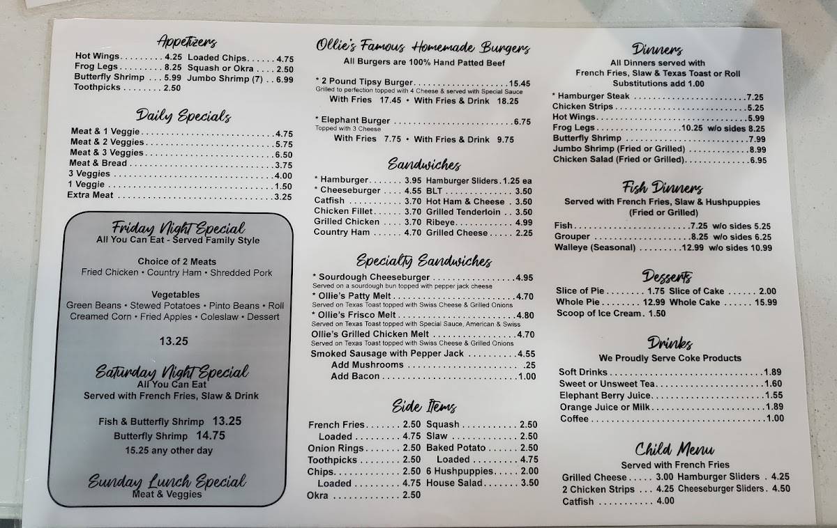 Menu at Ollie's Place restaurant, Celina