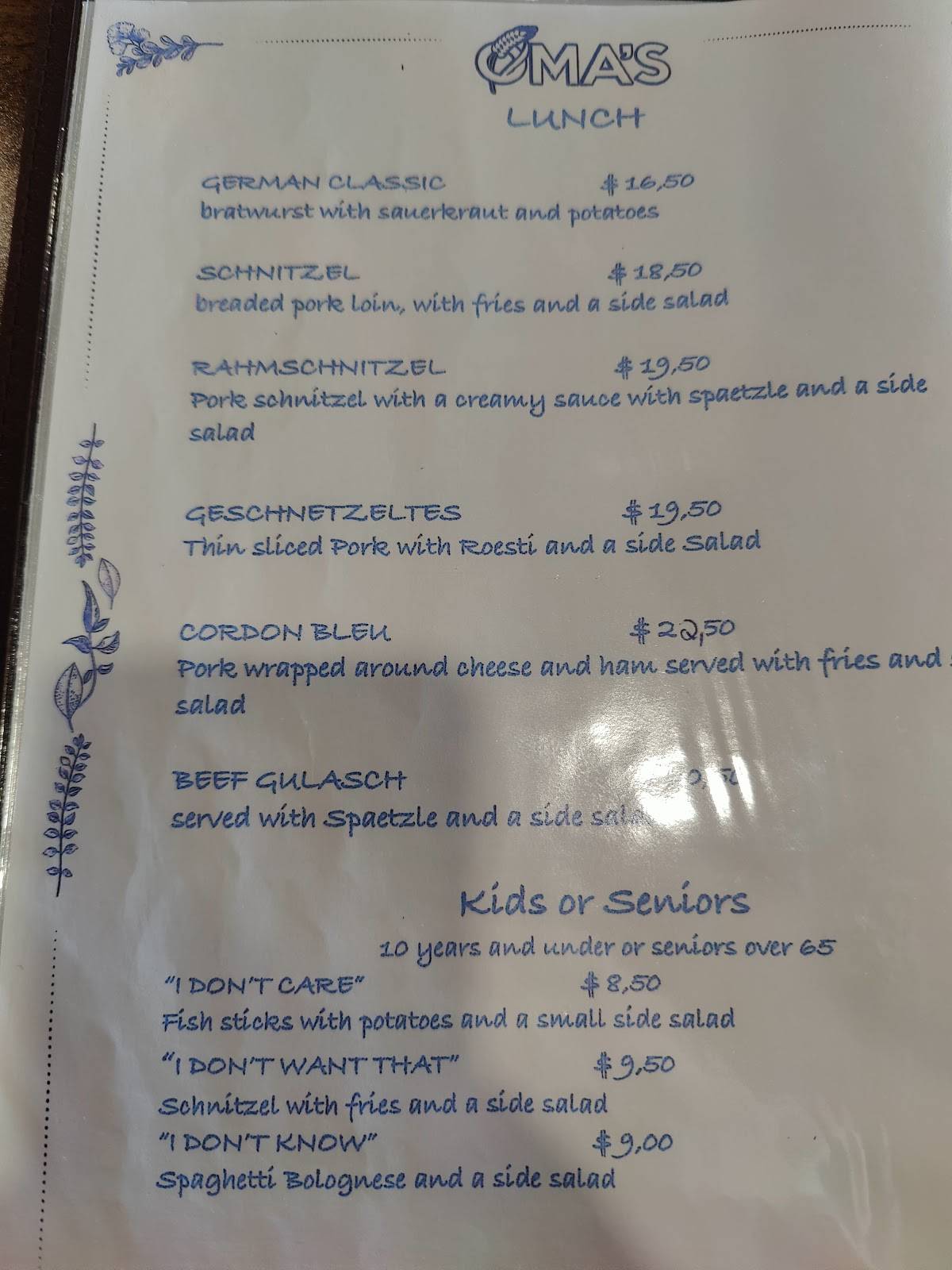 Menu at Oma's Bread pub & bar, Wadena, 10 Aldrich Ave SW