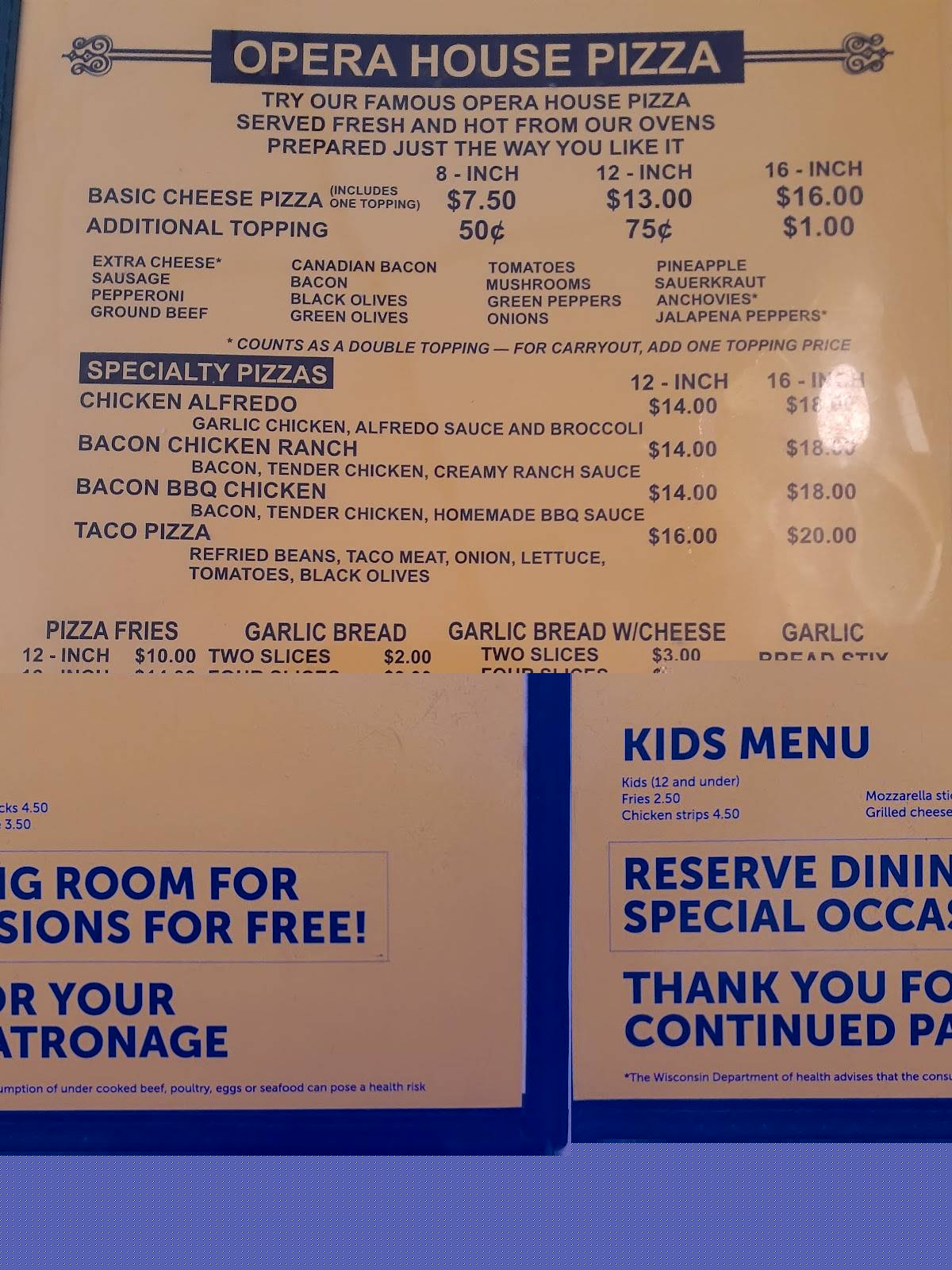 Menu at Opera House Bar & Grill, New Lisbon, 120 S Adams St