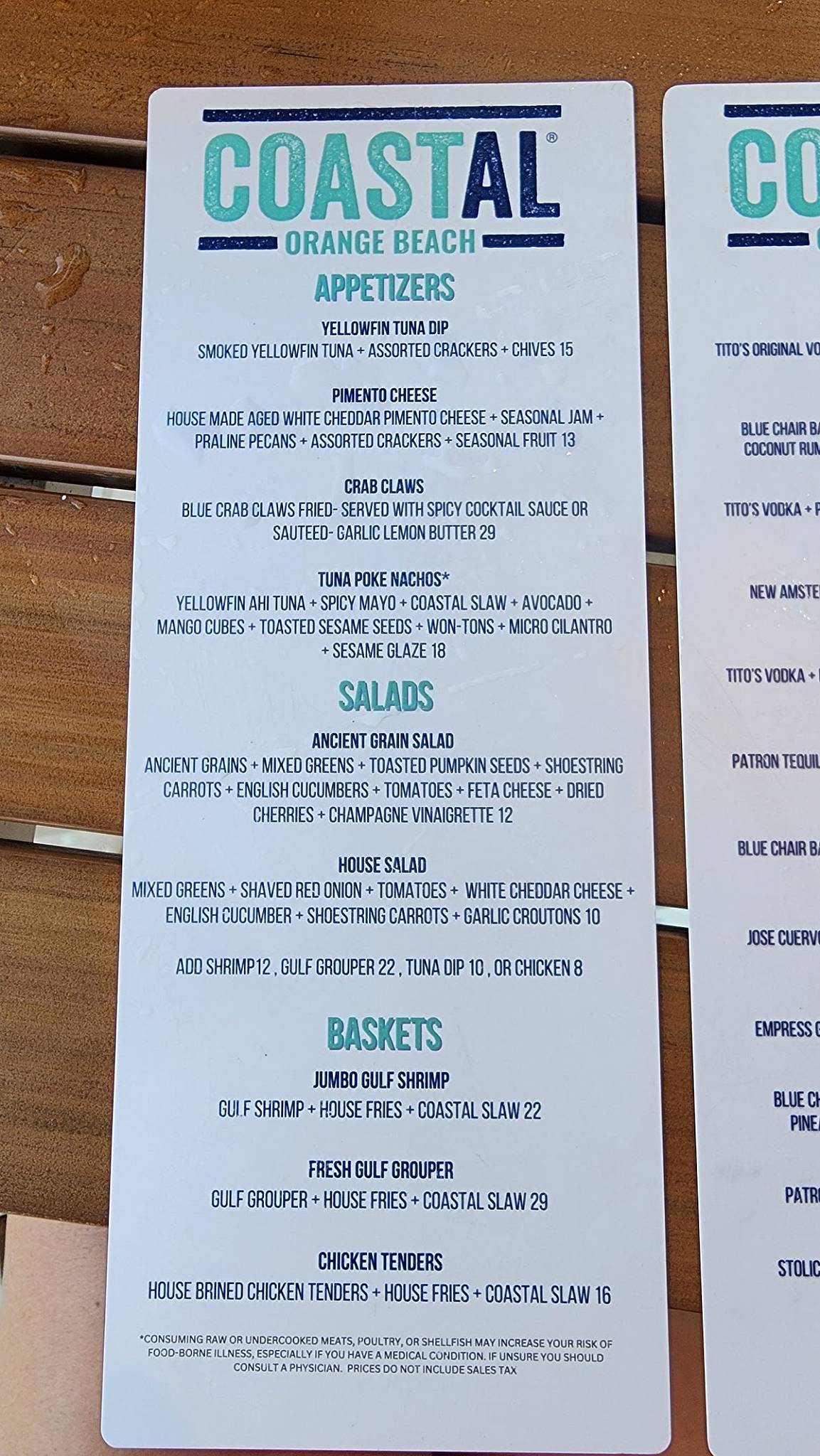Menu at Coastal Orange Beach pub & bar, Orange Beach