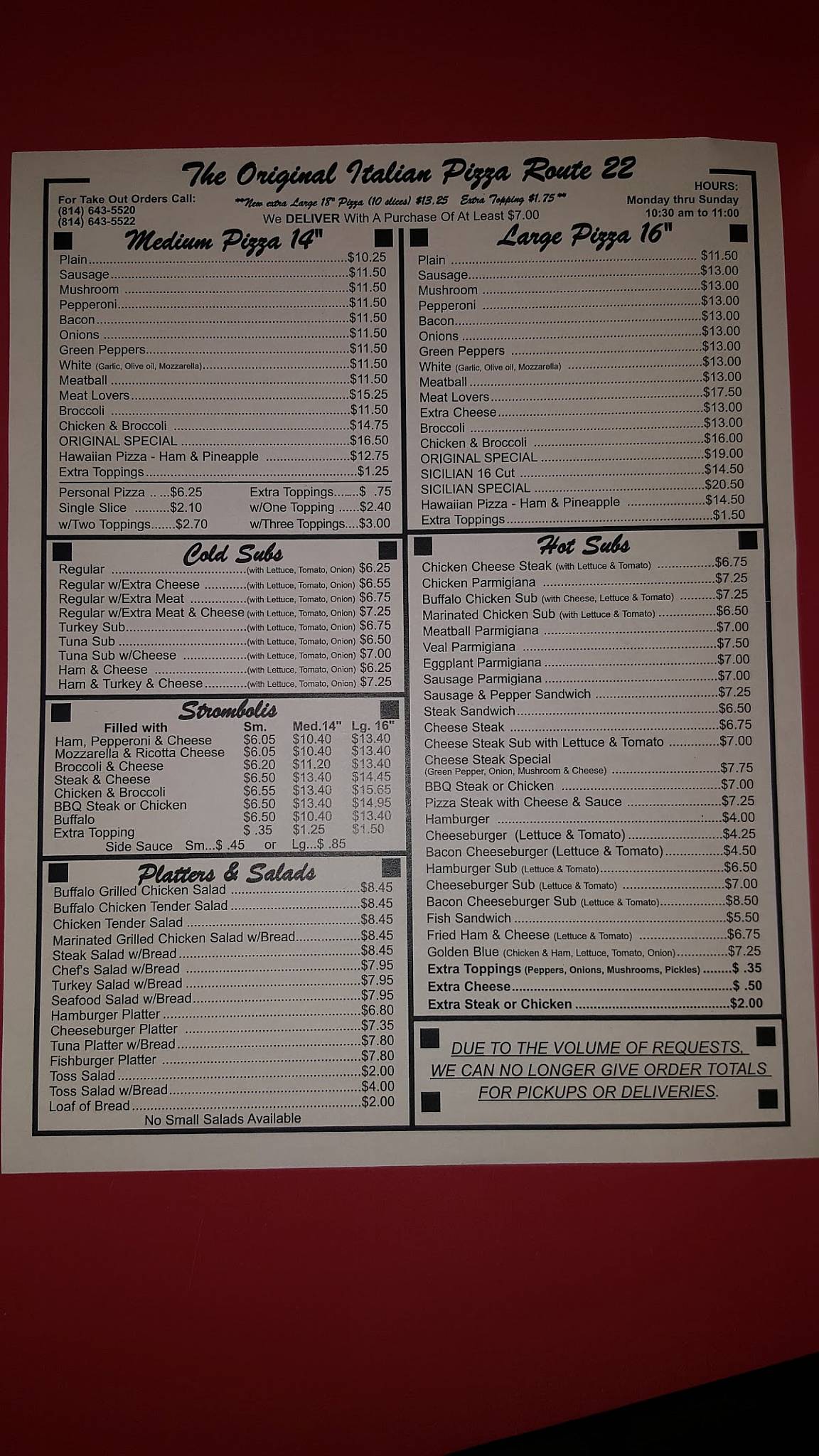 Menu at Original Italian Pizza Rt 22 pizzeria, Huntingdon