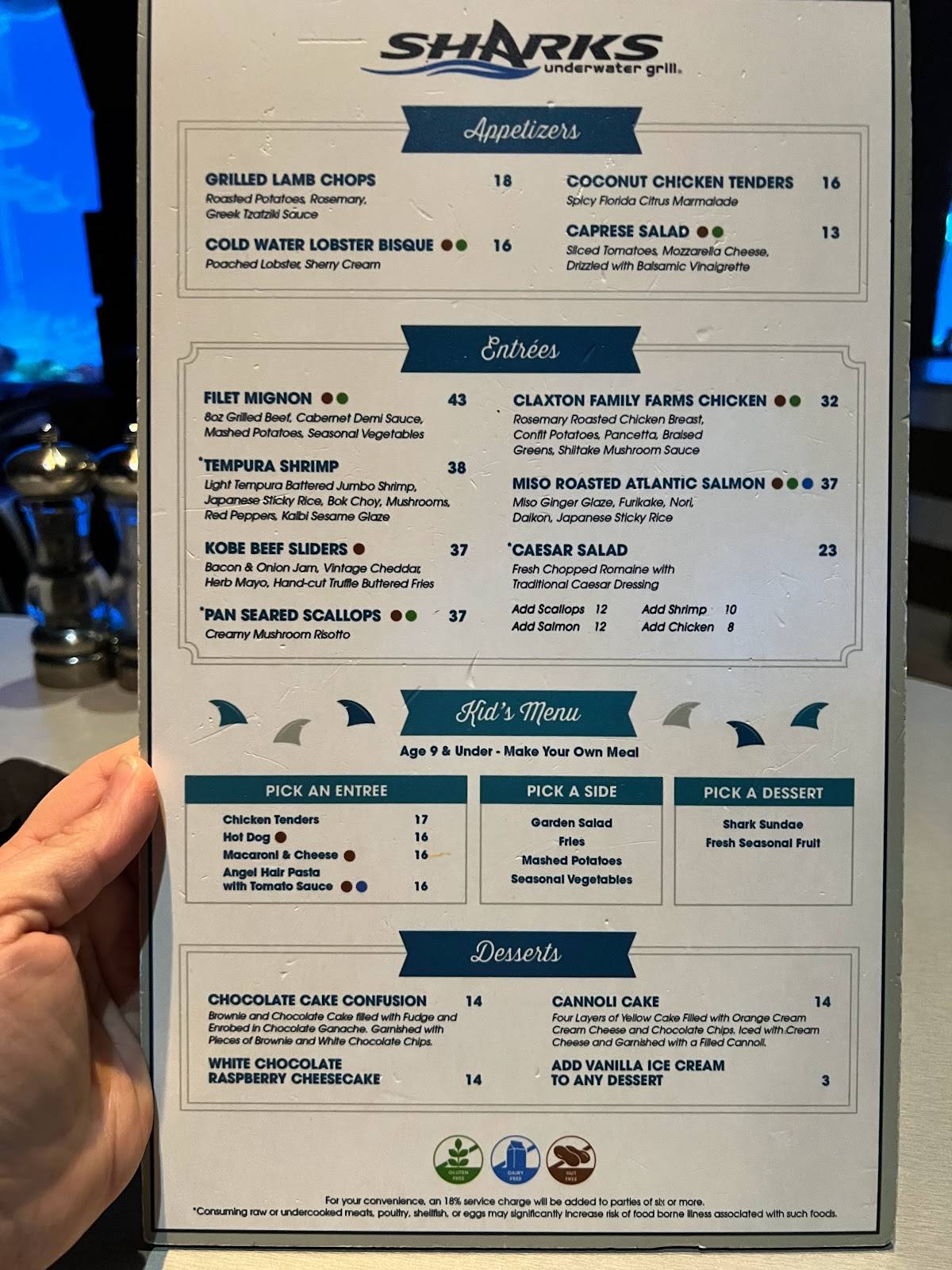 Menu at Sharks Underwater Grill pub & bar, Orlando