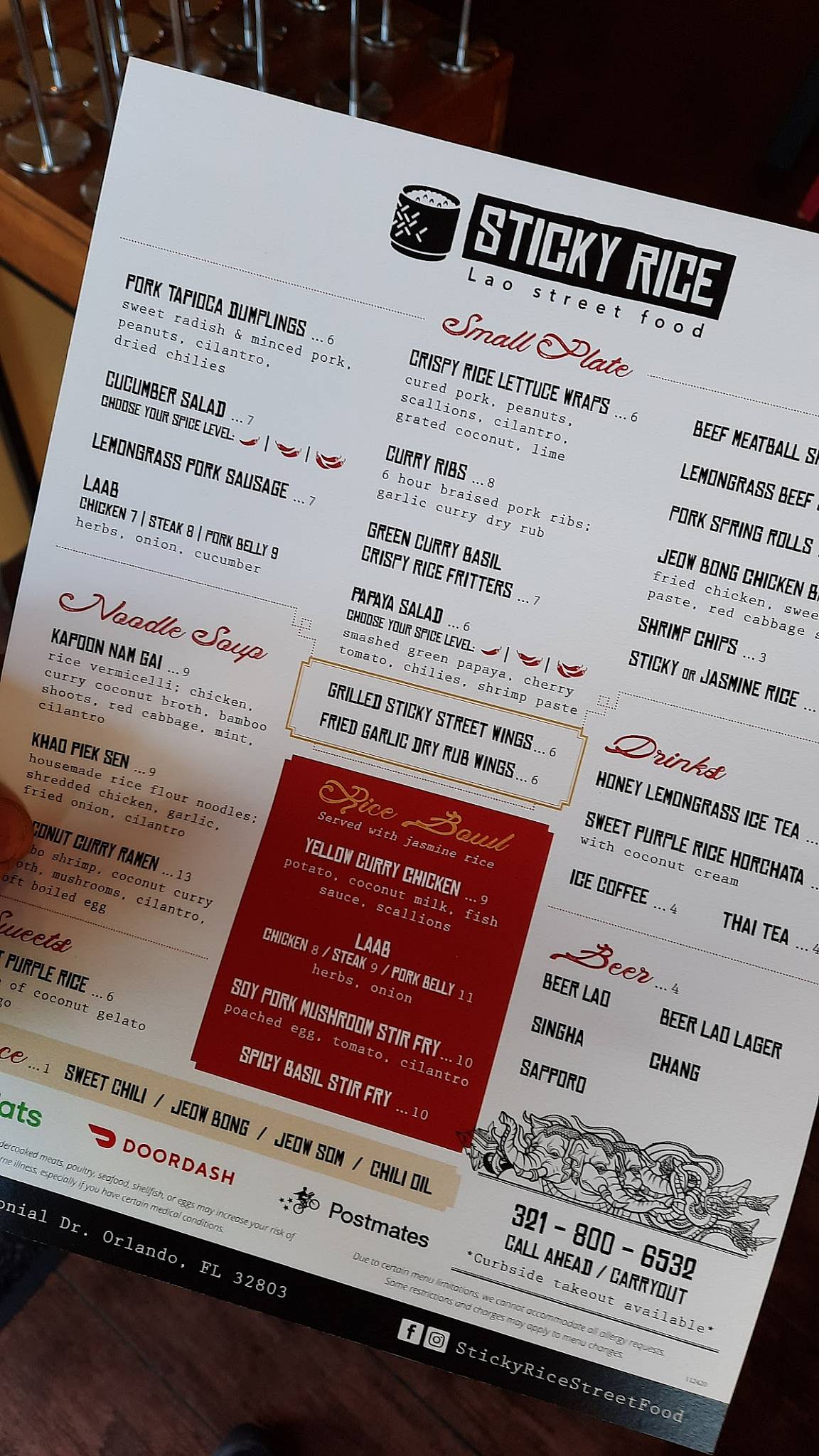 Menu at Sticky Rice restaurant, Orlando