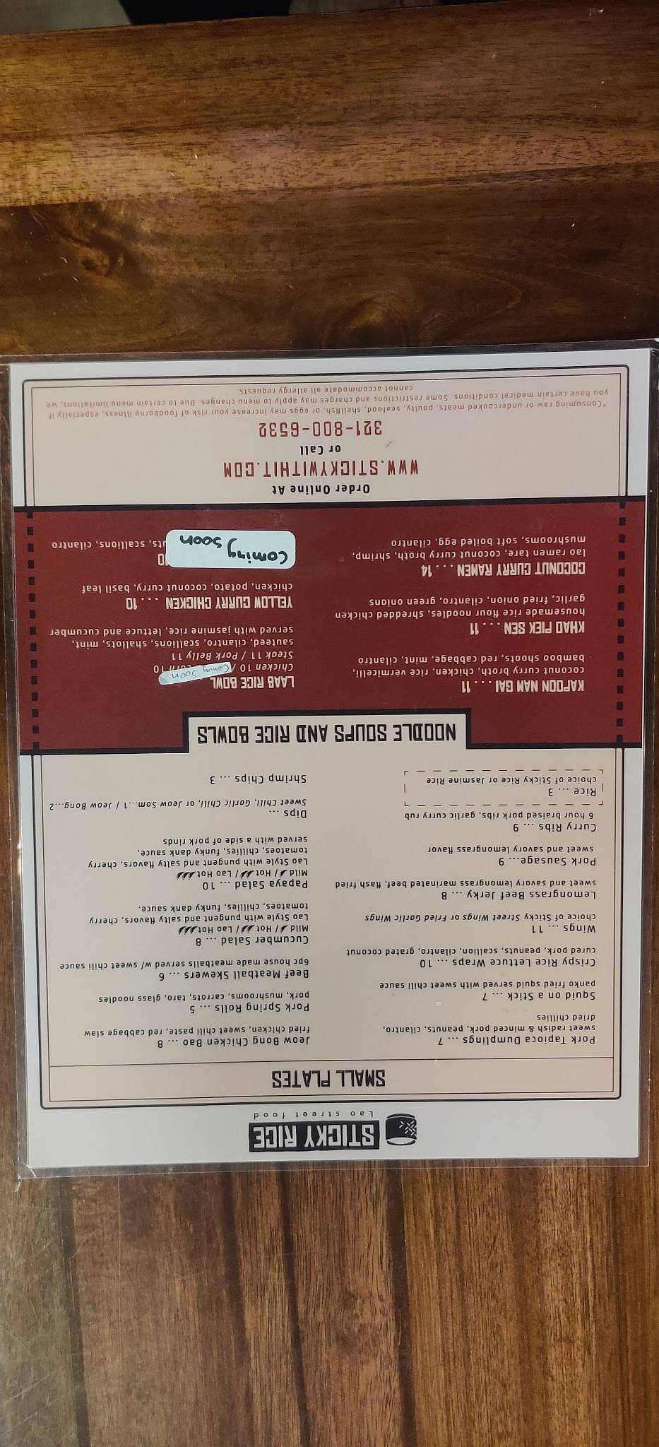 Menu at Sticky Rice restaurant, Orlando