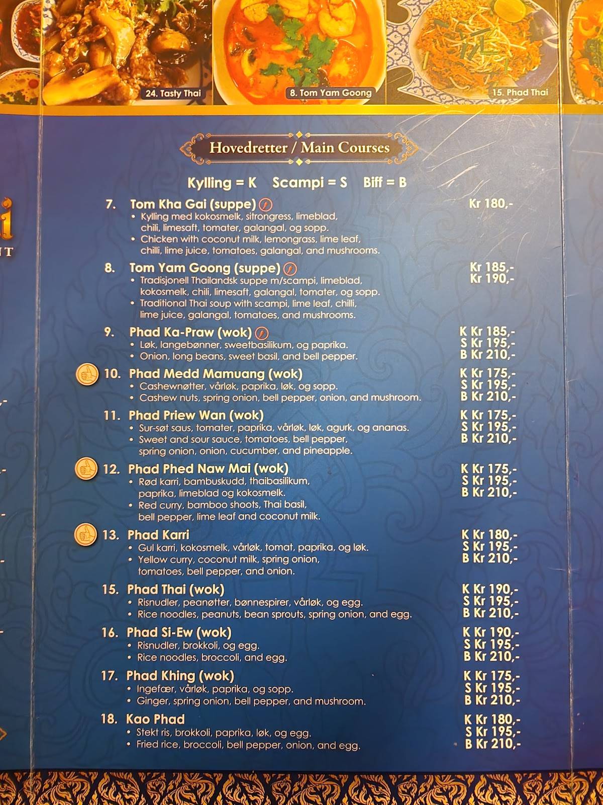 Menu at Tasty Thai restaurant, Oslo, Pilestredet 64