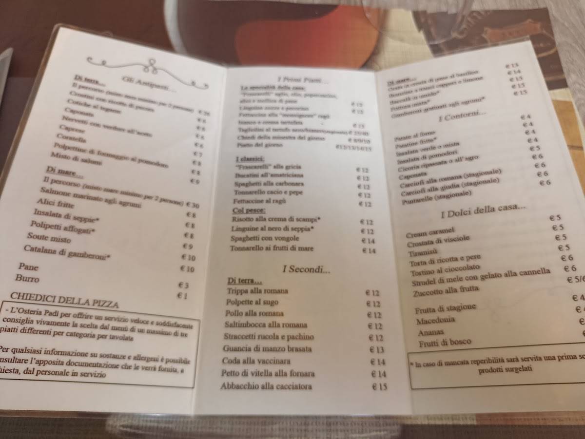 Menu at Osteria Padì restaurant, Rome