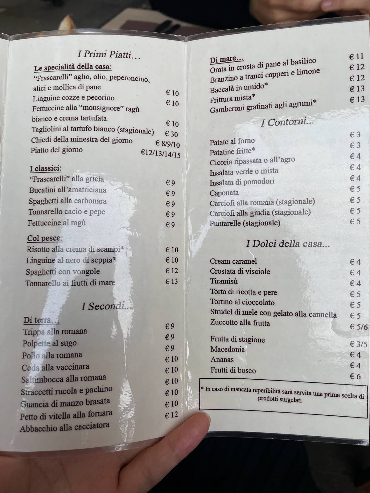 Menu at Osteria Padì restaurant, Rome