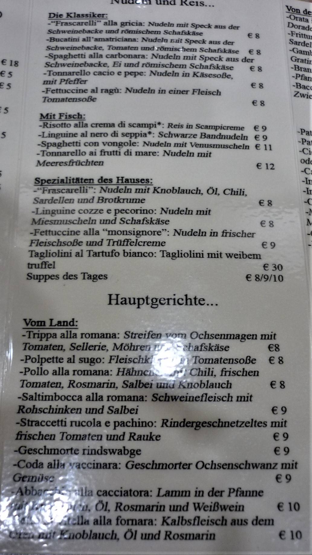 Menu at Osteria Padì restaurant, Rome