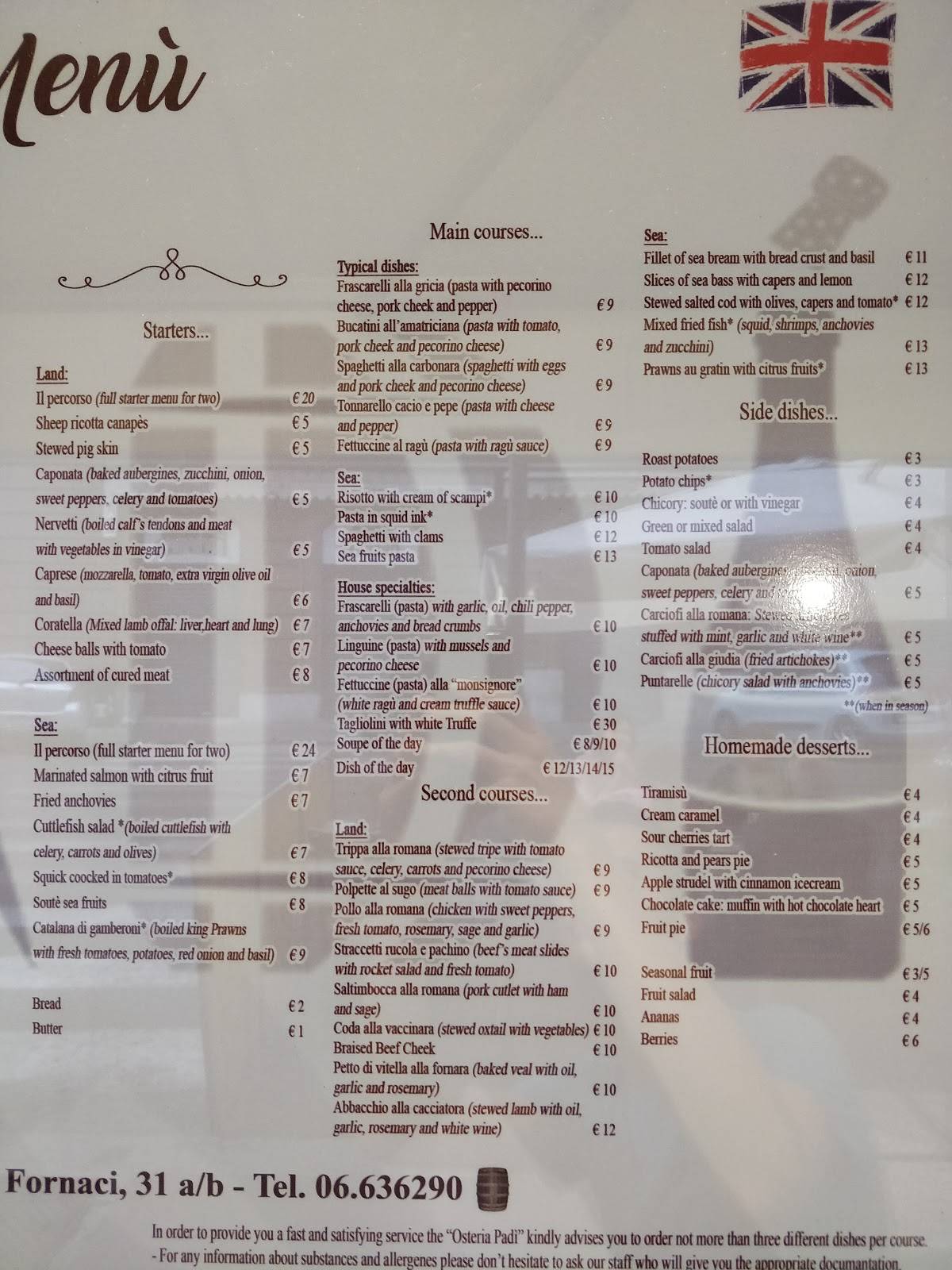 Menu at Osteria Padì restaurant, Rome