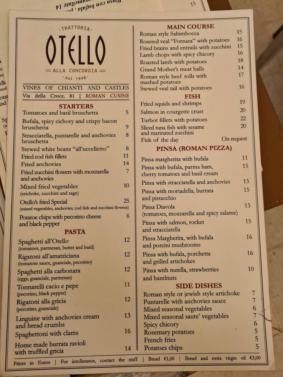 Menu at Otello alla Concordia restaurant, Rome