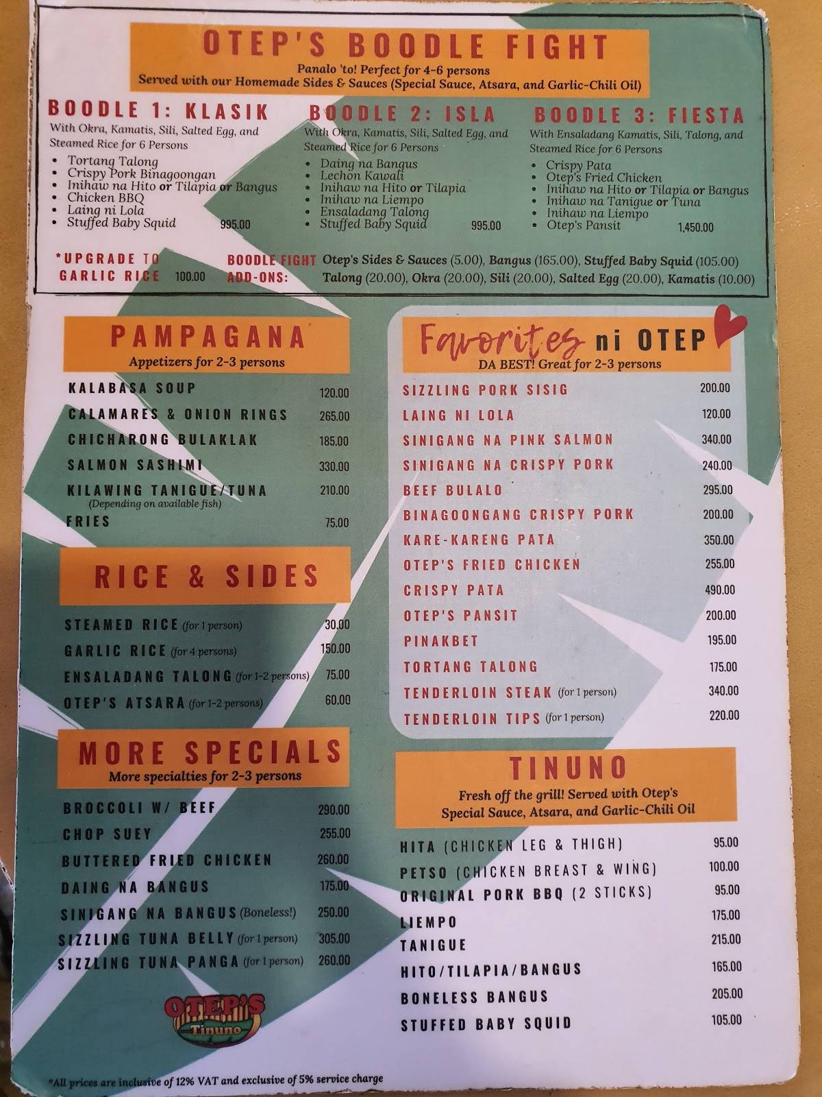 Menu at Otep's Tinuno restaurant, Cauayan City