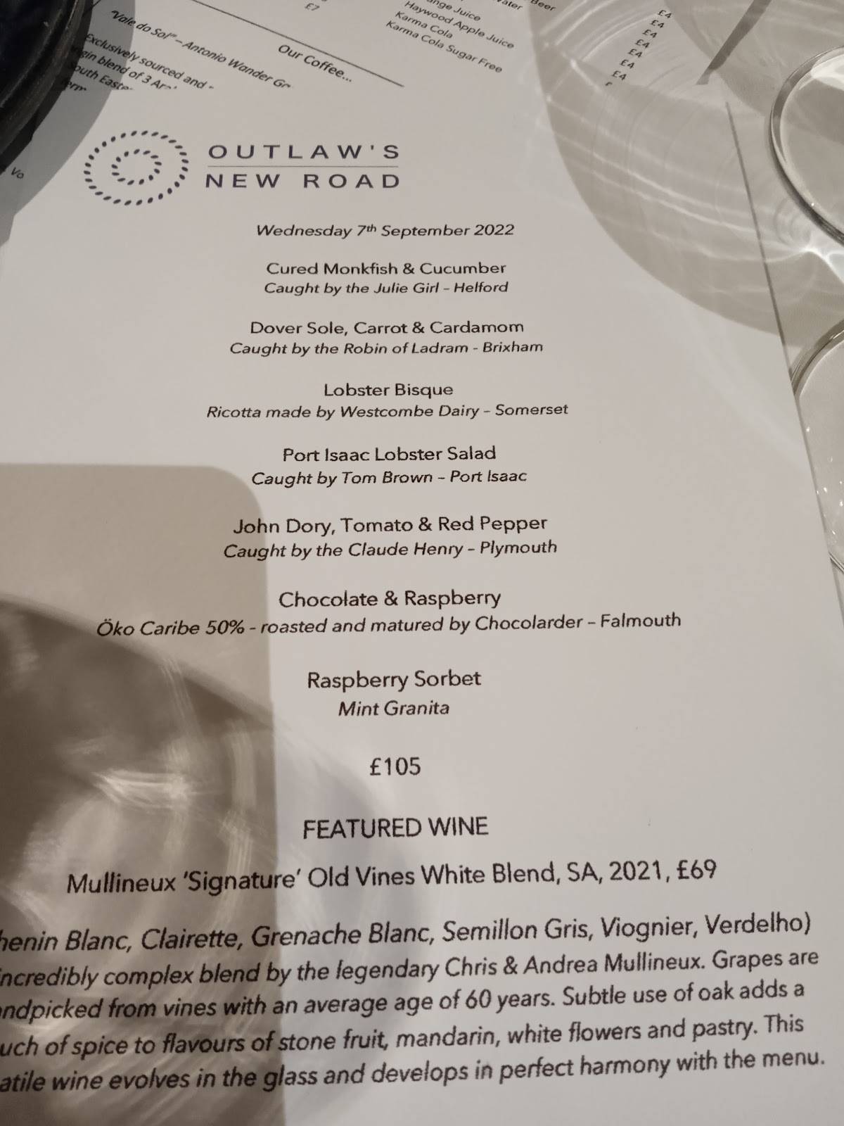 Menu at Outlaw's New Road restaurant, Port Isaac