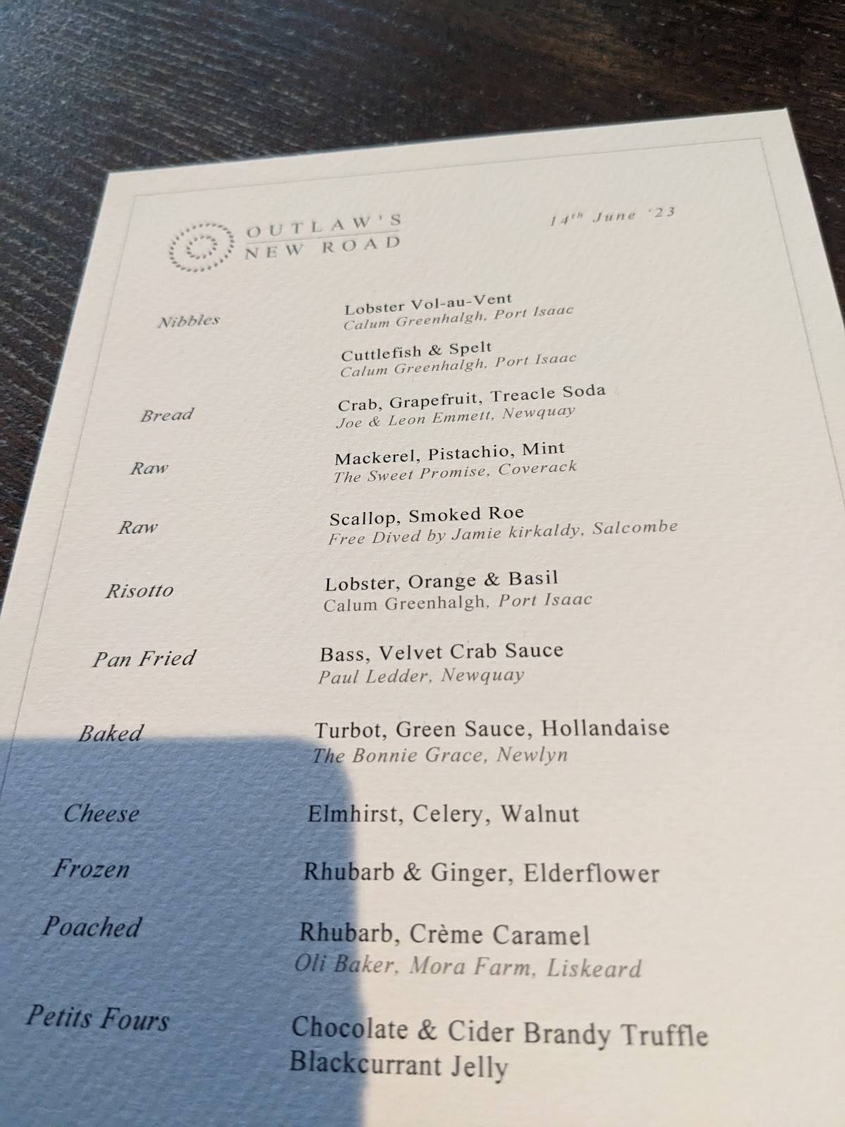 Menu at Outlaw's New Road restaurant, Port Isaac