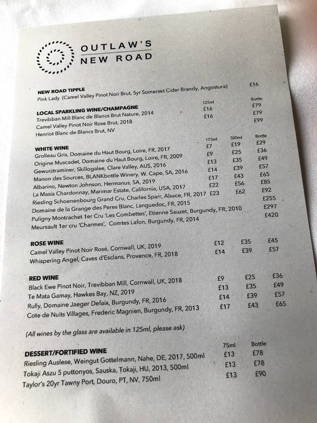 Menu at Outlaw's New Road restaurant, Port Isaac