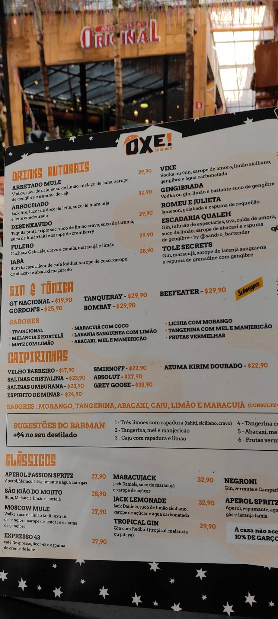 Menu em Ôxe Bar, Santos