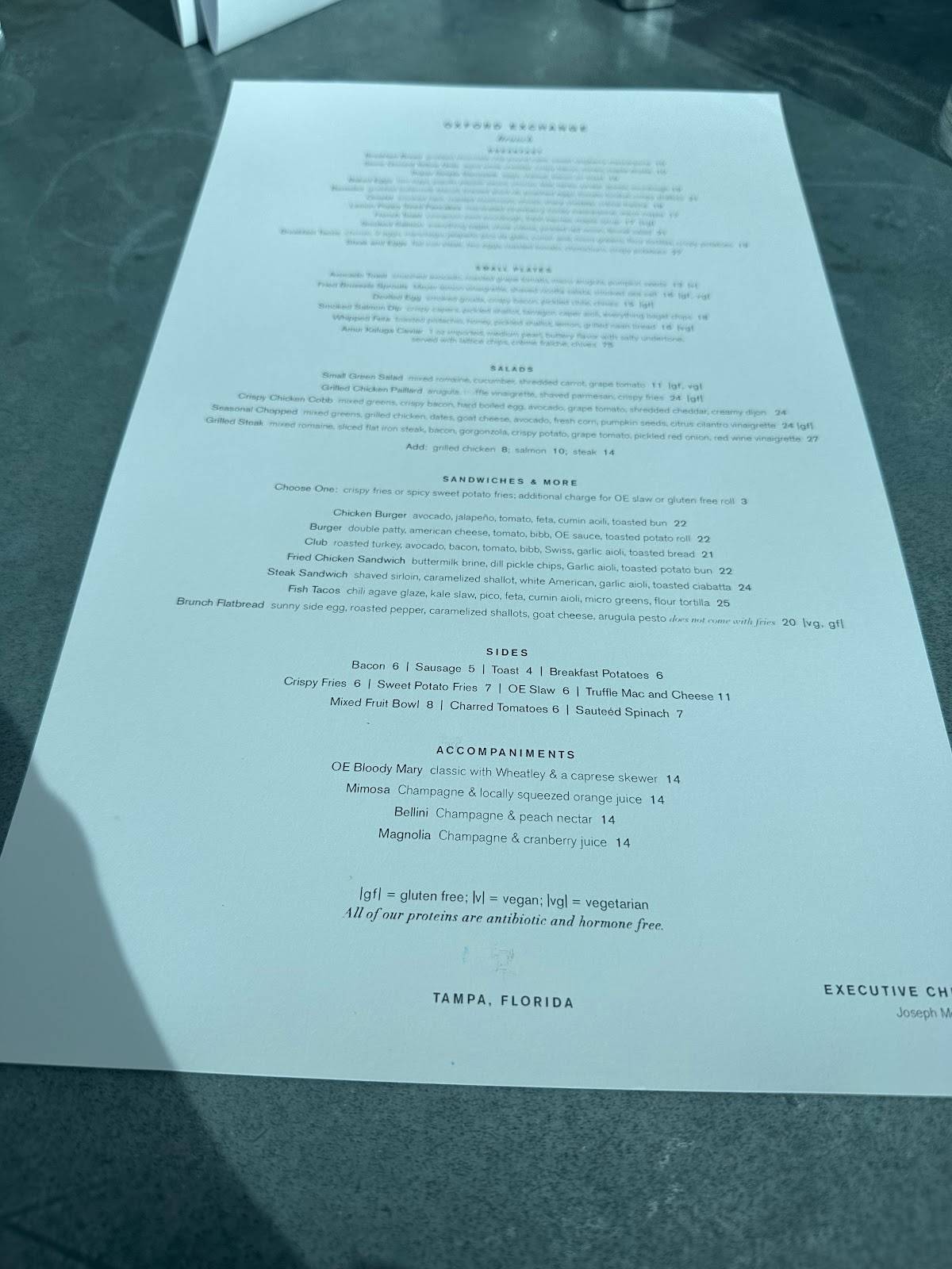 Menu at Oxford Exchange restaurant, Tampa
