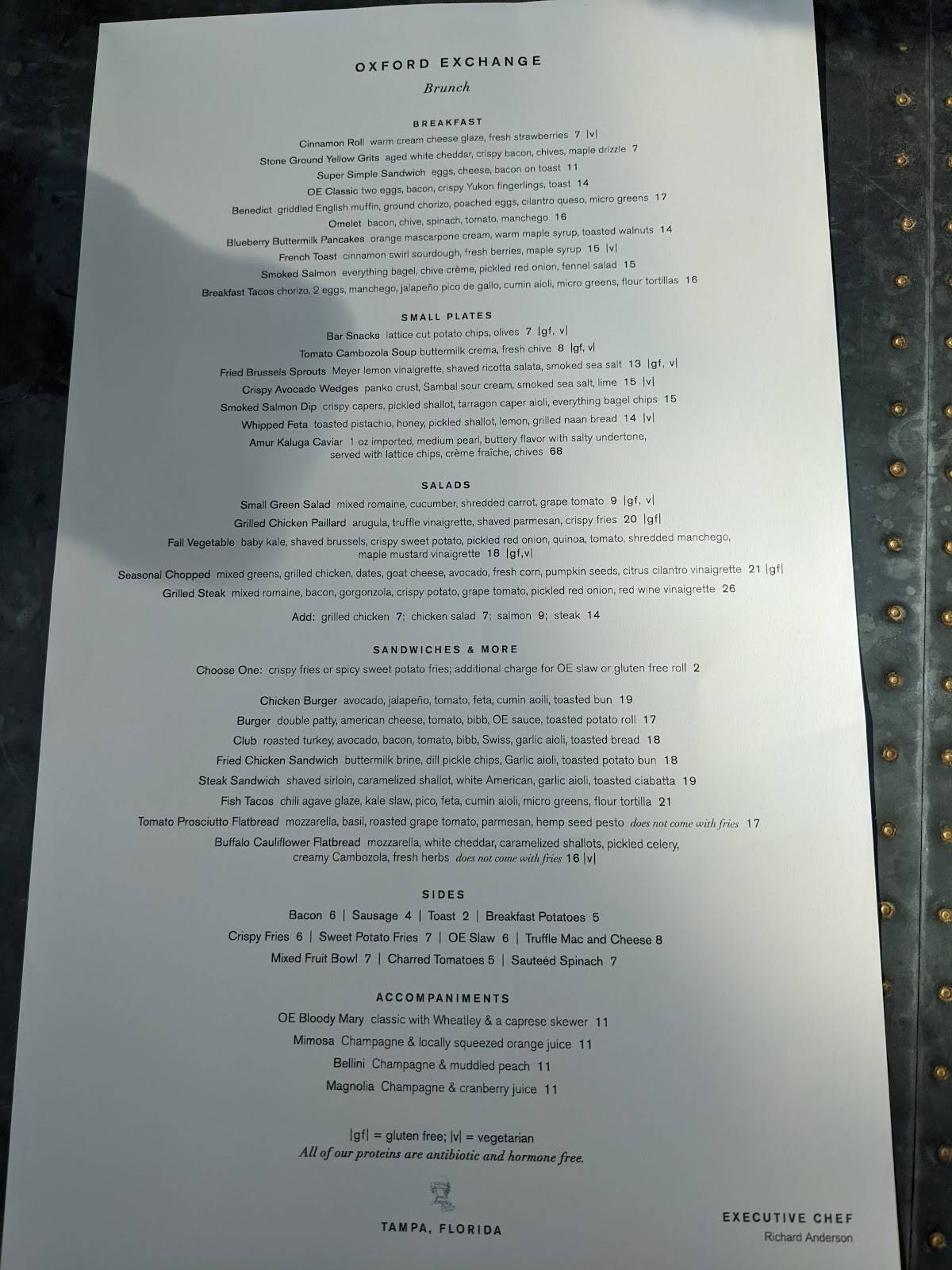 Menu at Oxford Exchange restaurant, Tampa