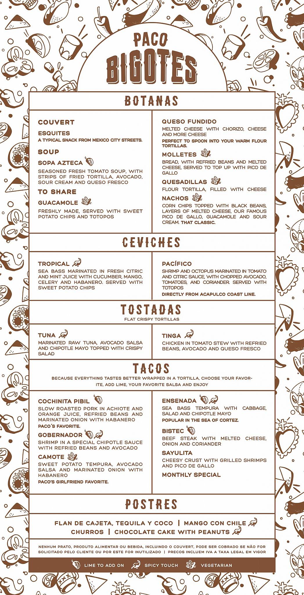 Menu at Paco Bigotes restaurant, Estoril