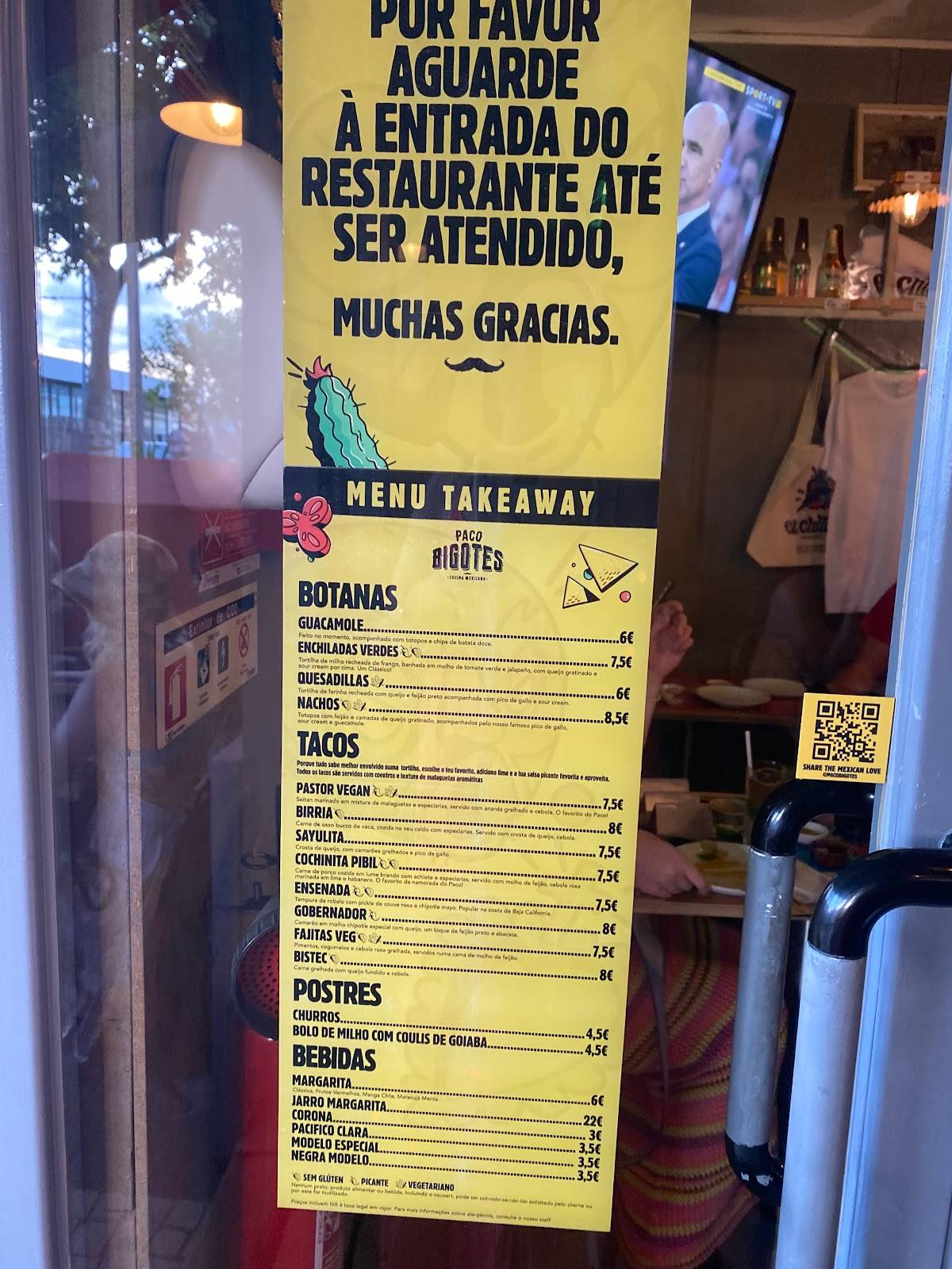 Menu at Paco Bigotes restaurant, Estoril