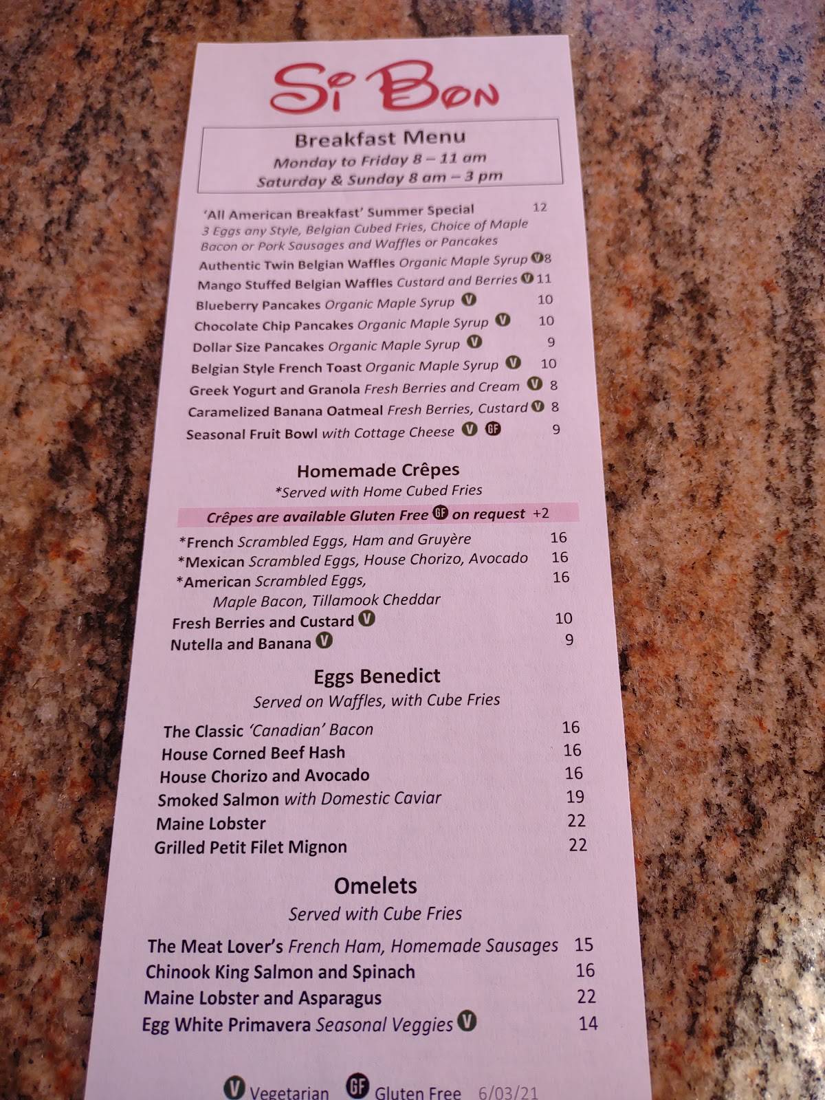 Menu at Si Bon pub & bar, Rancho Mirage