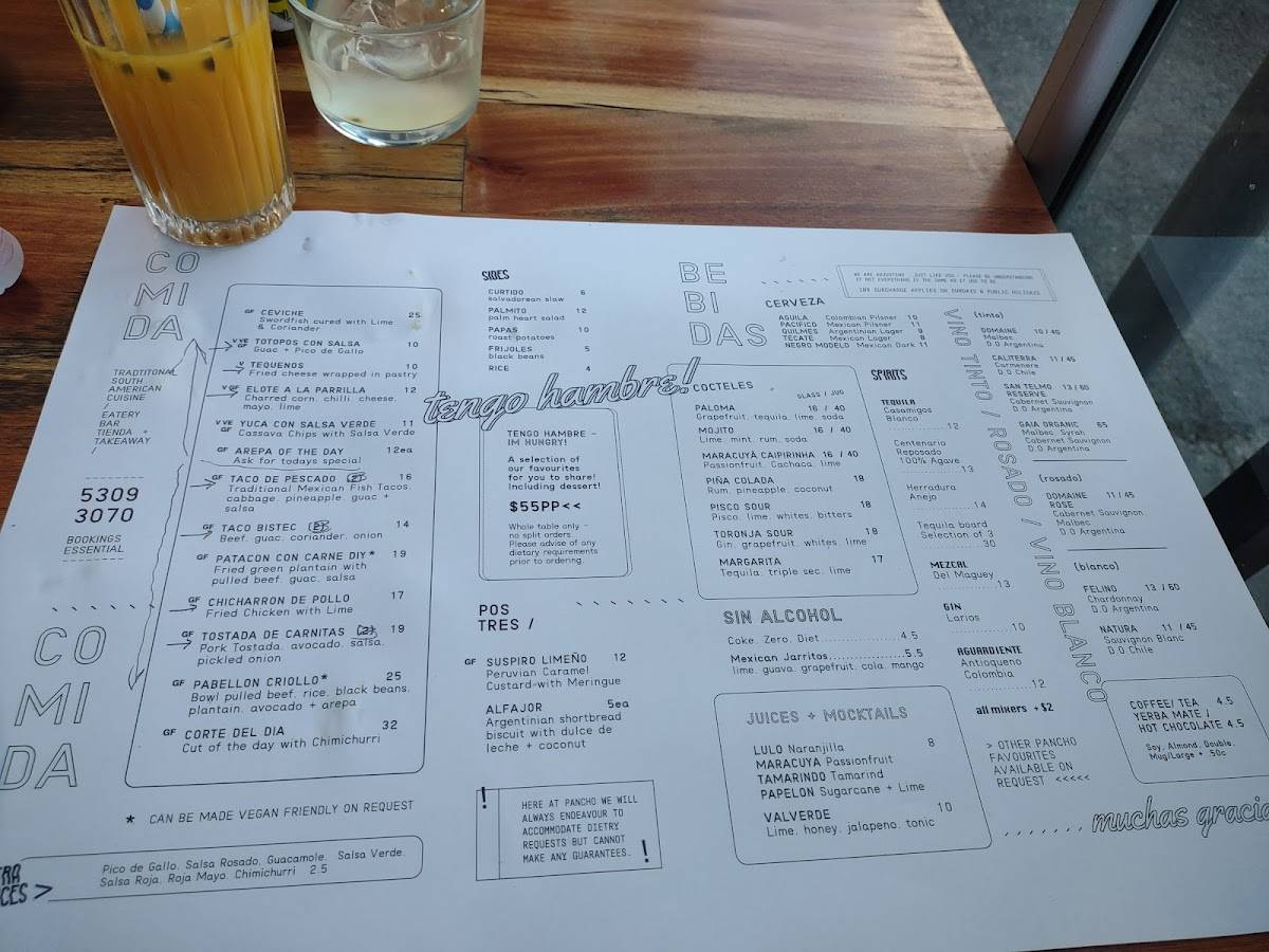 Menu at Pancho restaurant, Ballarat Central