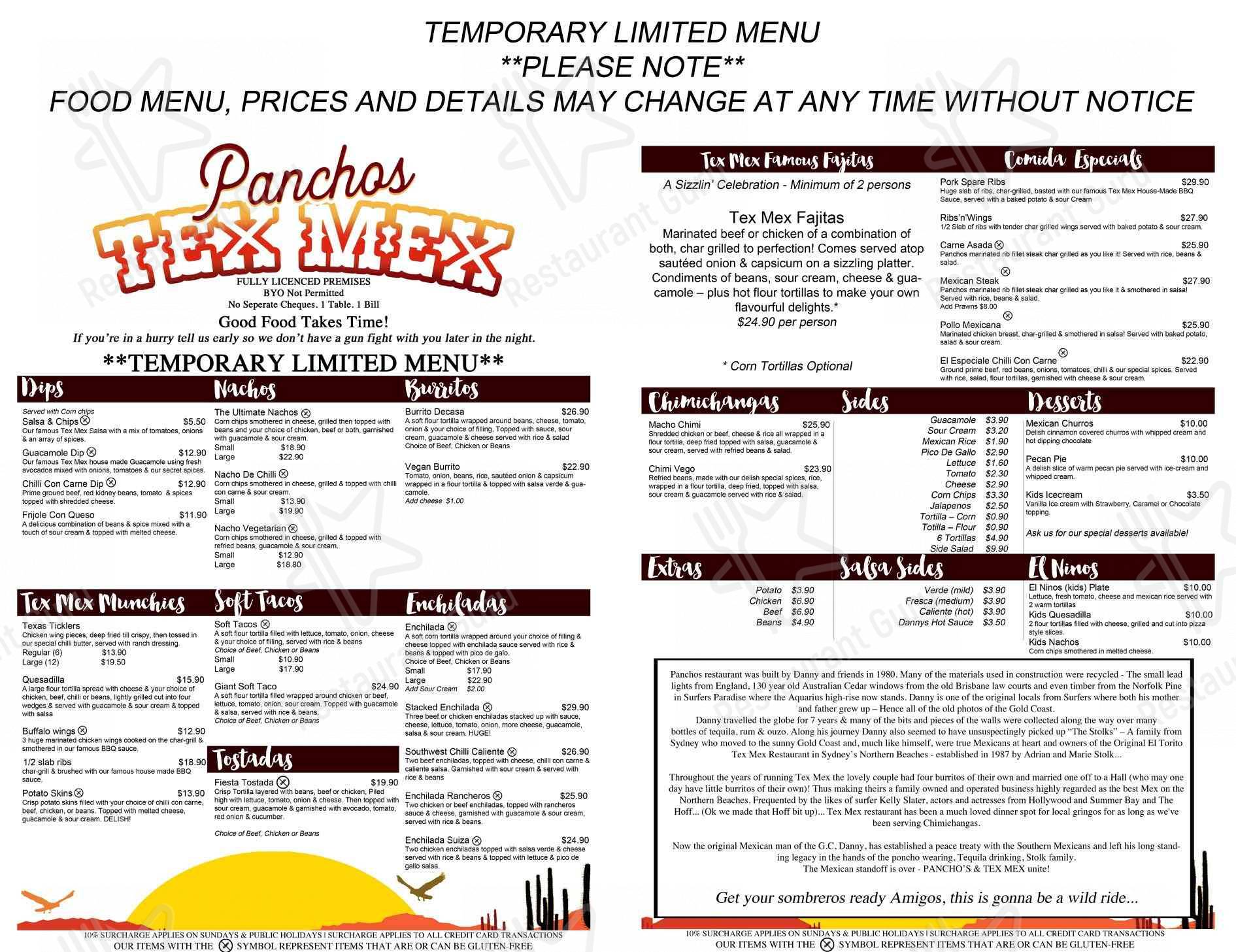 Menu at Panchos Mexican restaurant, Mudgeeraba