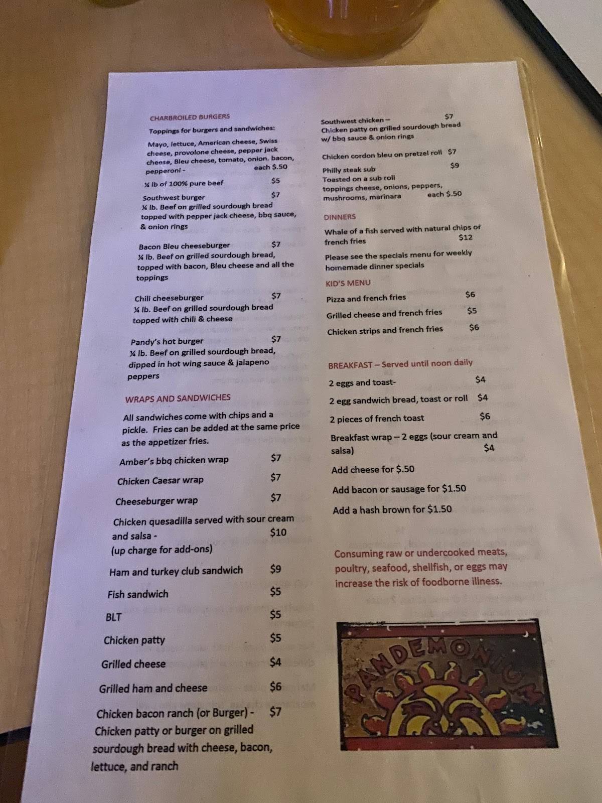 Menu at Pandemonium Bar & Grill, Shermans Dale