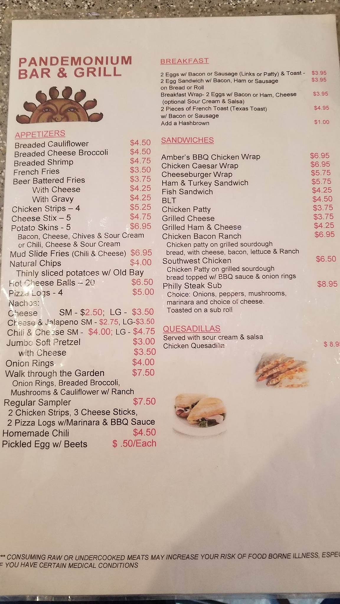 Menu at Pandemonium Bar & Grill, Shermans Dale