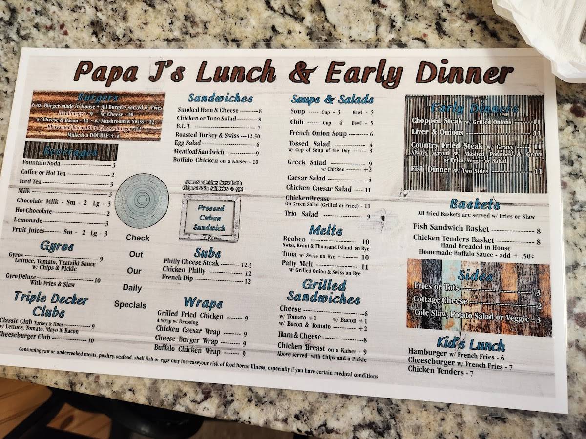 Menu at Papa J's Diner cafe, Inverness, Hwy 44 W