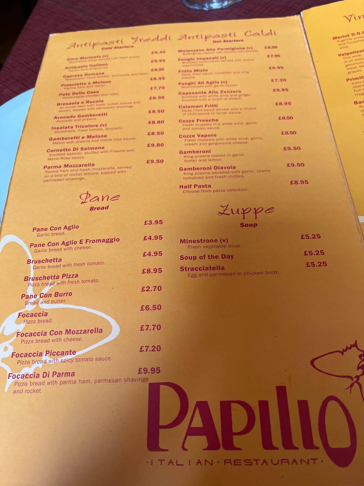 Menu at Papilio restaurant, Edinburgh