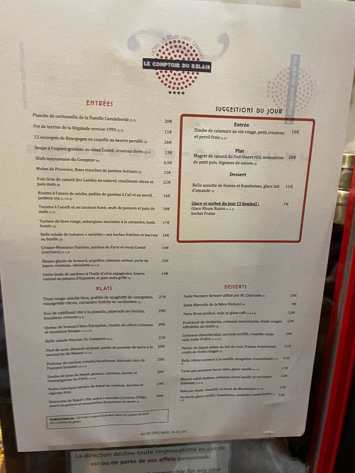 Menu au Le comptoir du Relais café, Paris, 9 Carr de l'Odéon