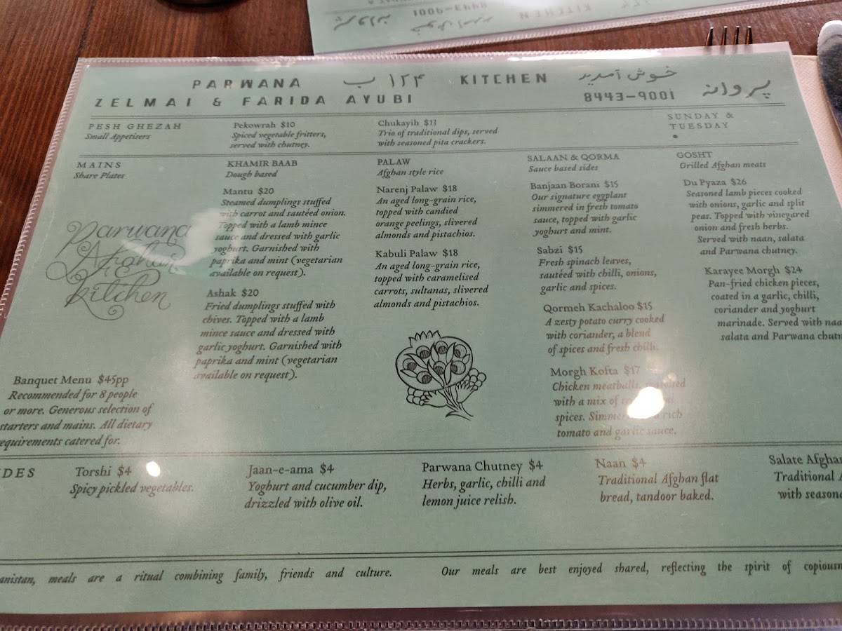 Menu at Parwana Afghan Kitchen restaurant, Torrensville