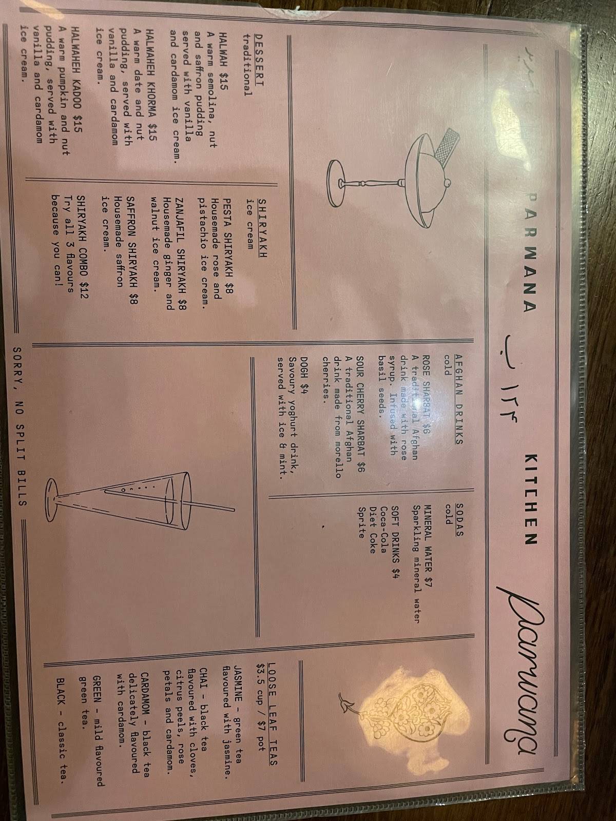Menu at Parwana Afghan Kitchen restaurant, Torrensville