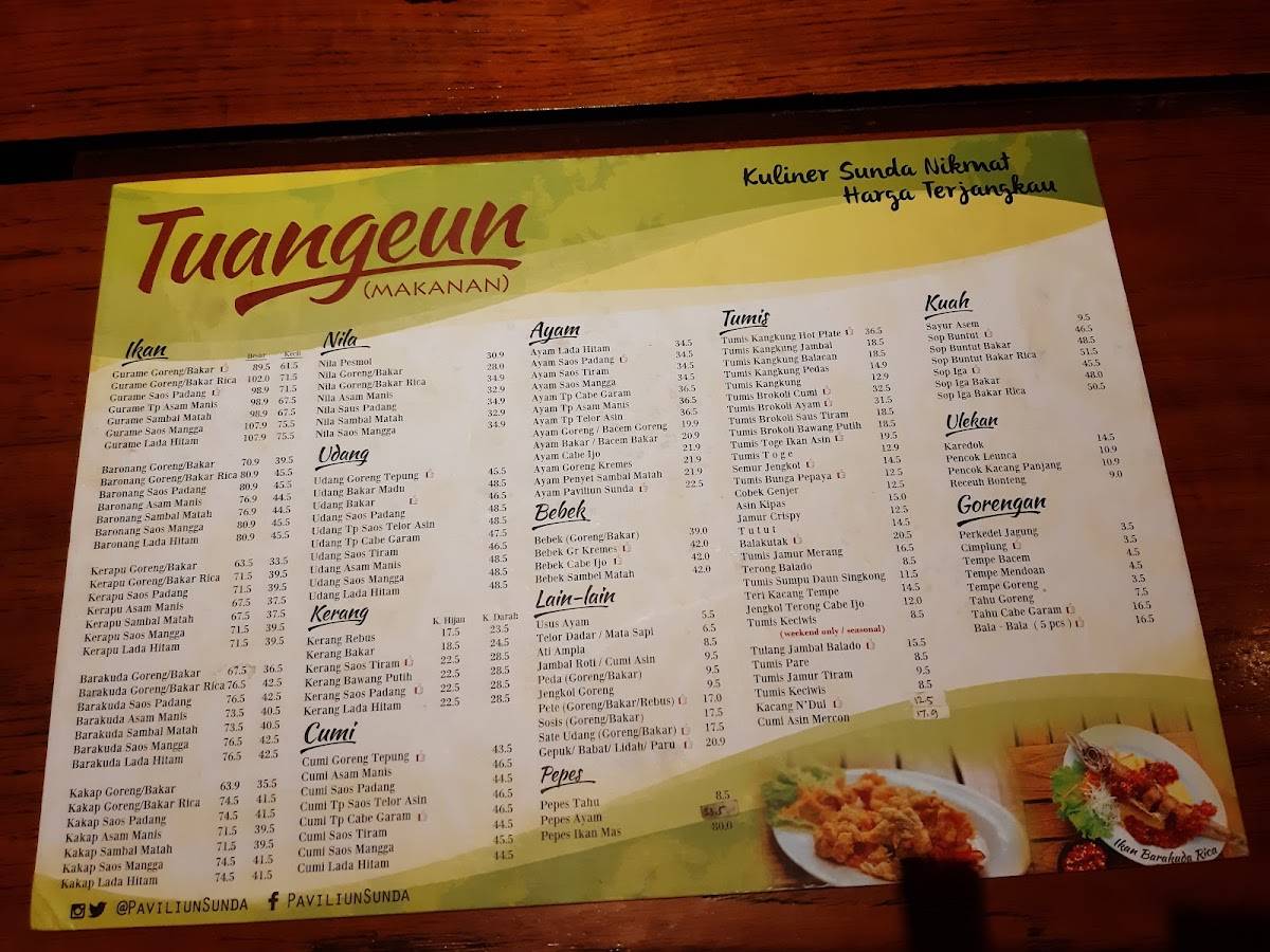 Menu at Paviliun Sunda restaurant, Bandung