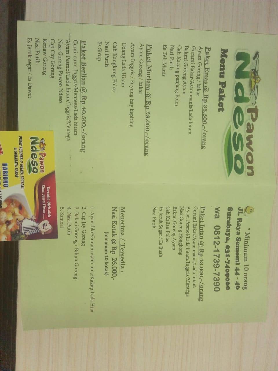 Menu at Pawon Ndeso restaurant, Surabaya, Jl. Raya Sememi No.44-46