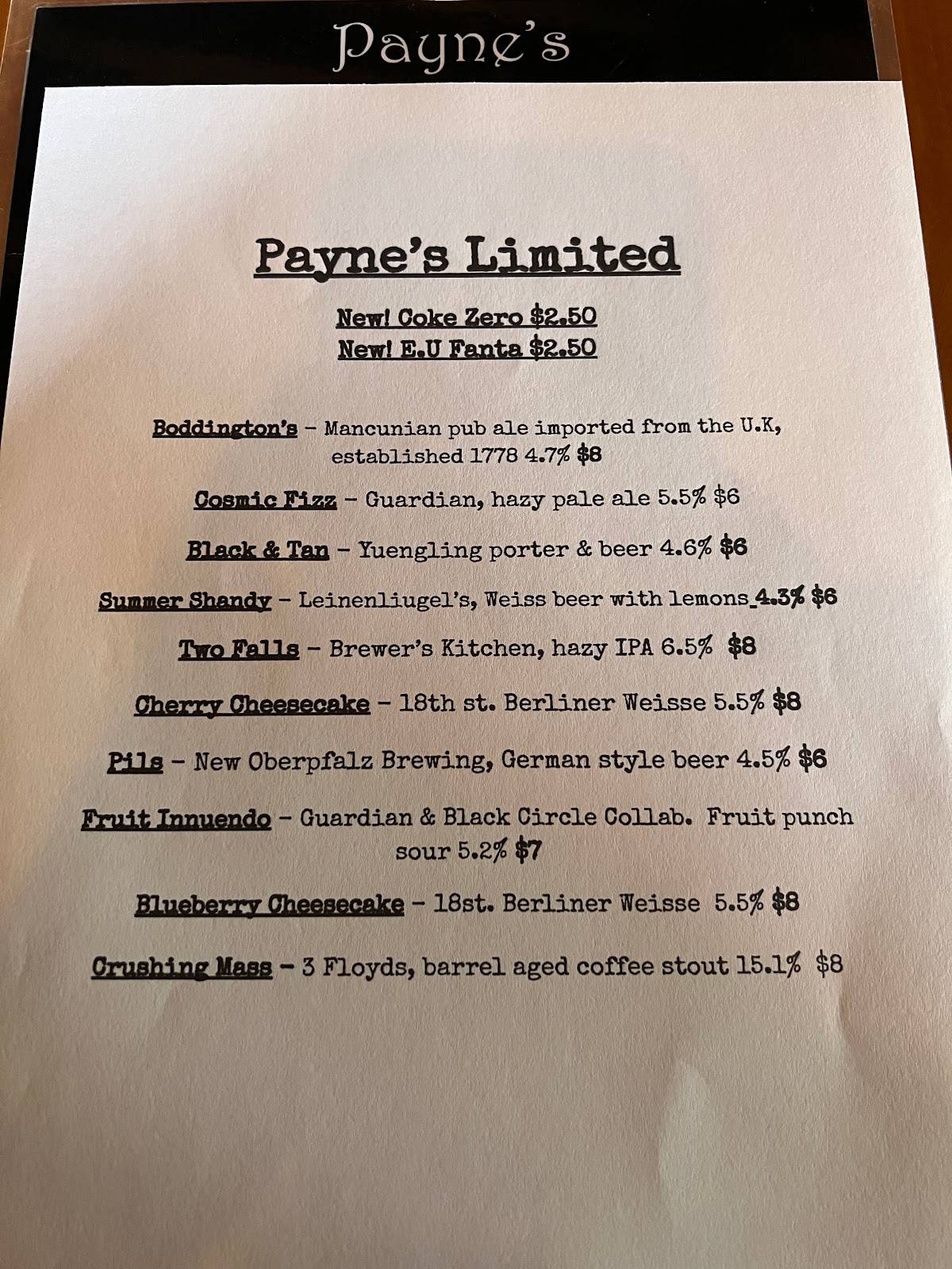 Menu at Payne's Restaurant, Gas City