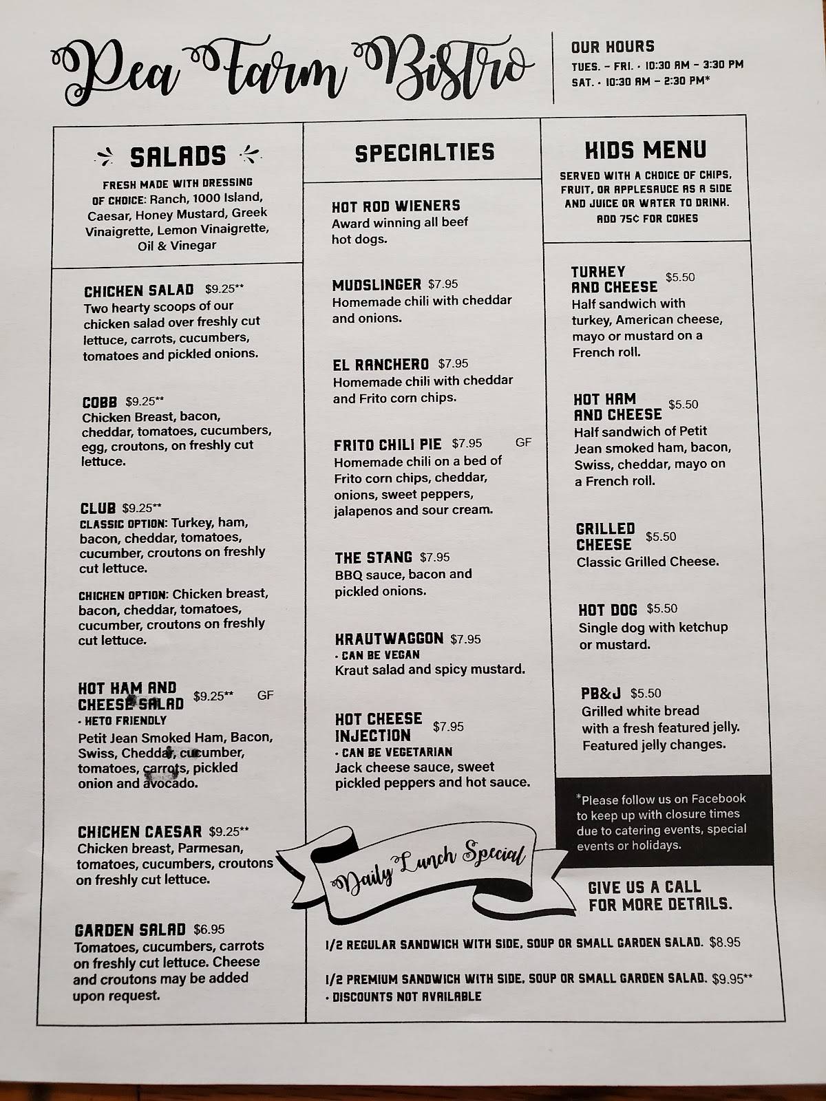 Menu at Pea Farm Bistro cafe, Cabot