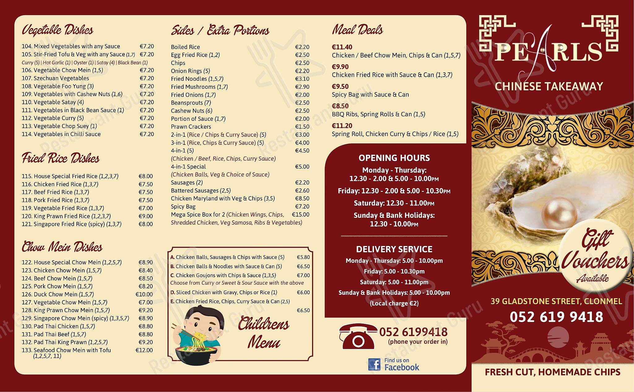 Menu at Pearls Chinese Restaurant, Clonmel