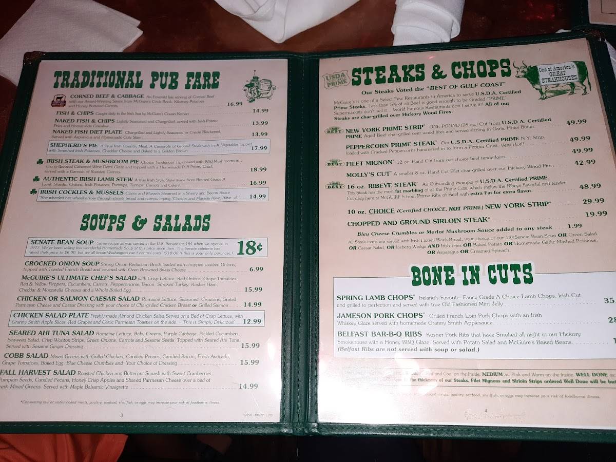 Menu at McGuire's Irish Pub, Pensacola