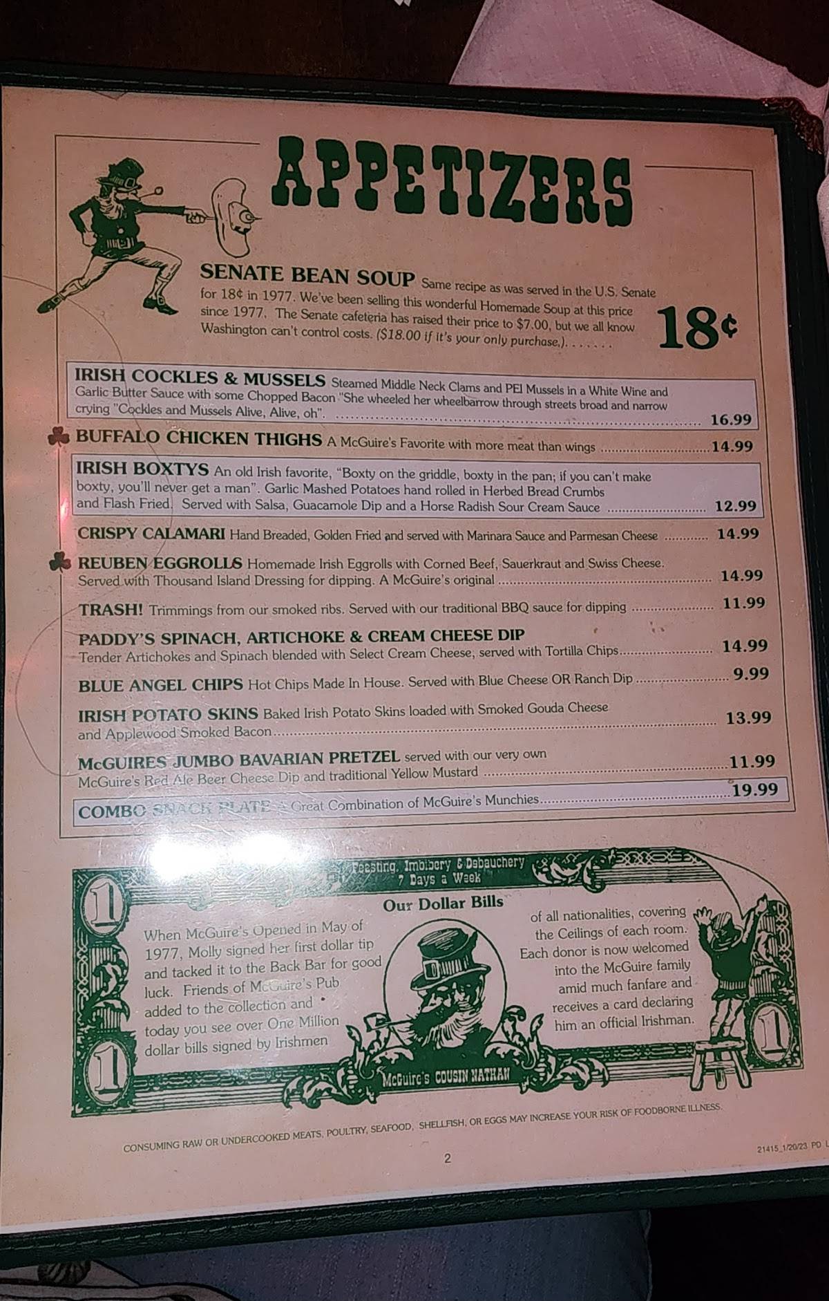 Menu at McGuire's Irish Pub, Pensacola